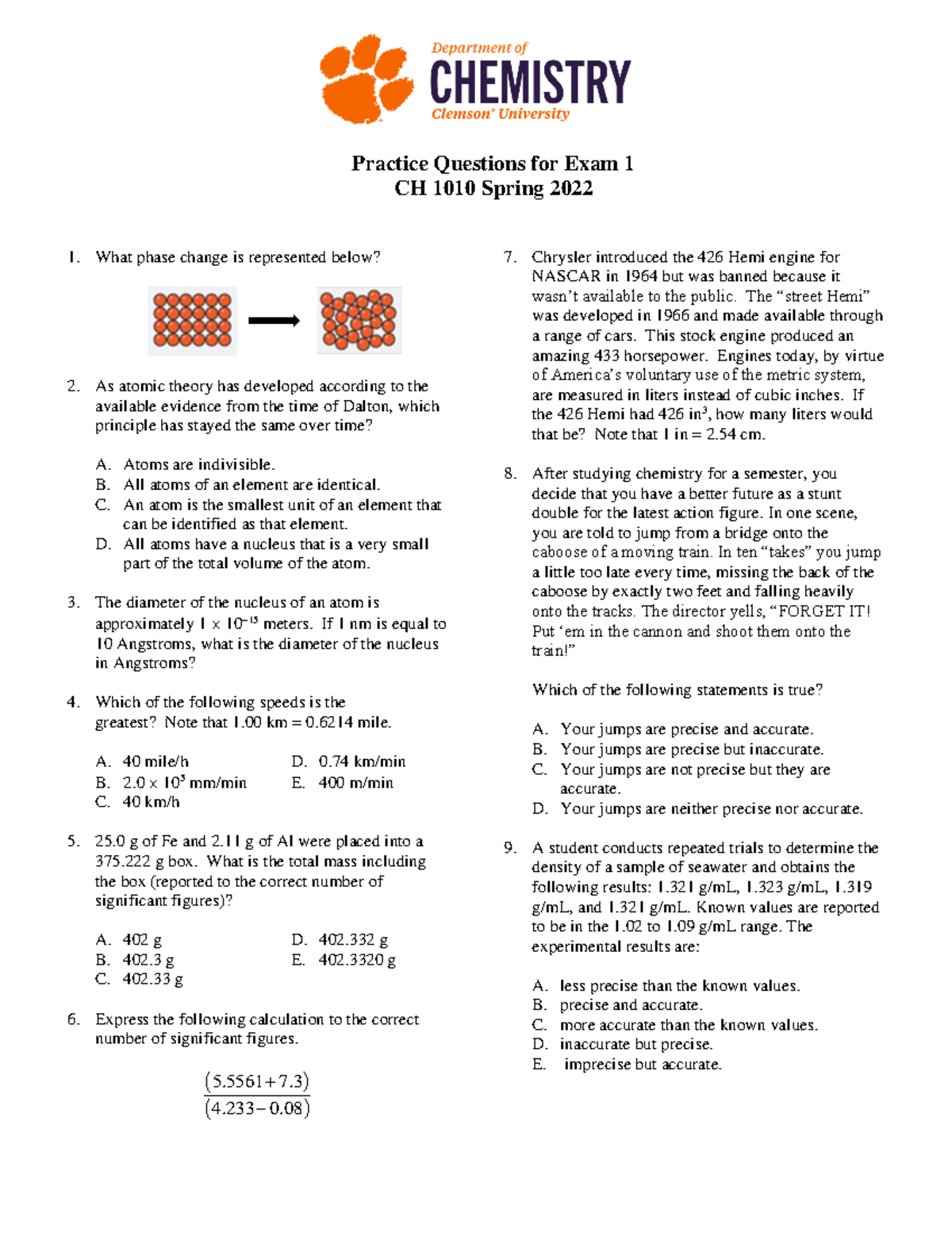 Practice Questions for Exam 1 CH 101 0 Spring 2022 ver. 1 - Practice ...