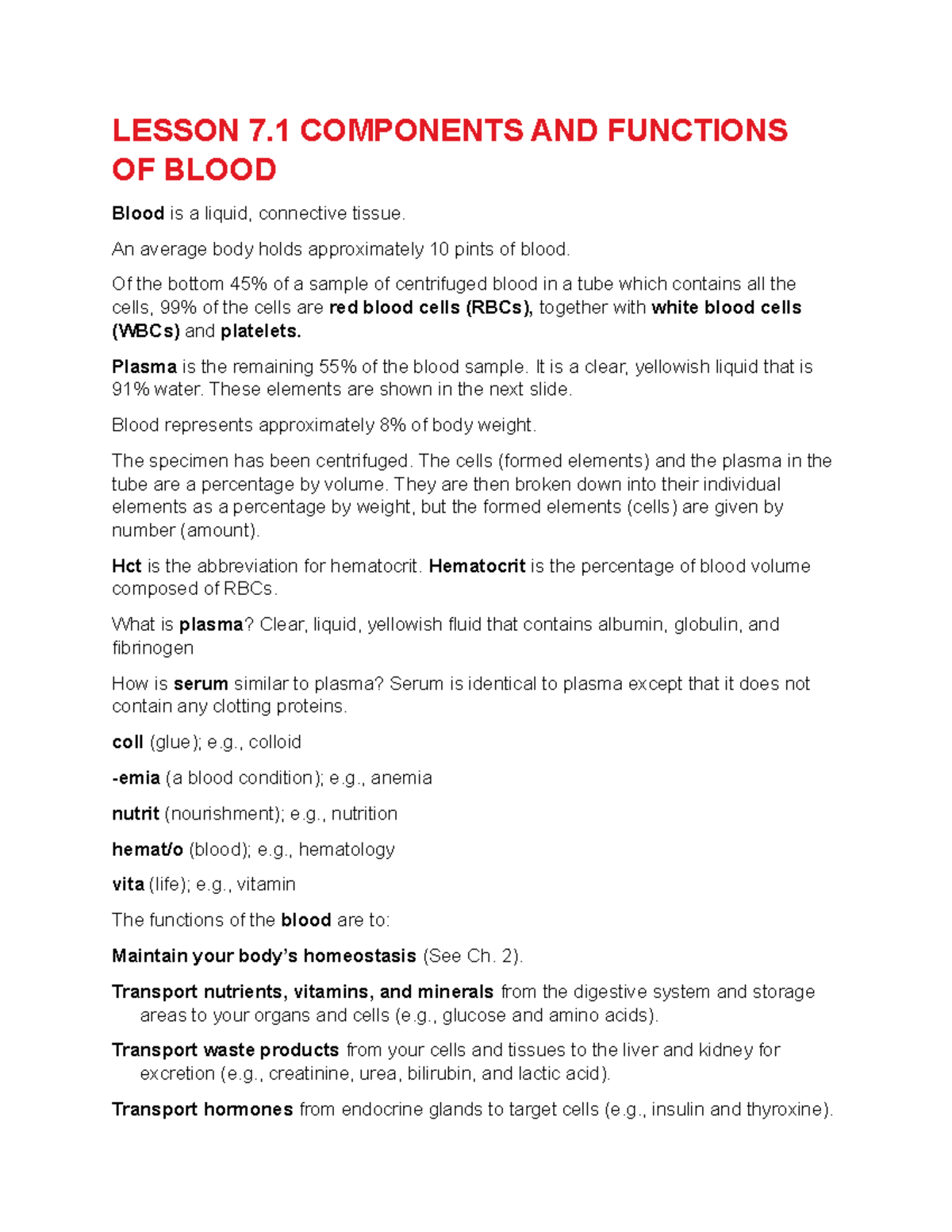 Lesson 7.1 Components AND Functions OF Blood - LESSON 7 COMPONENTS AND ...