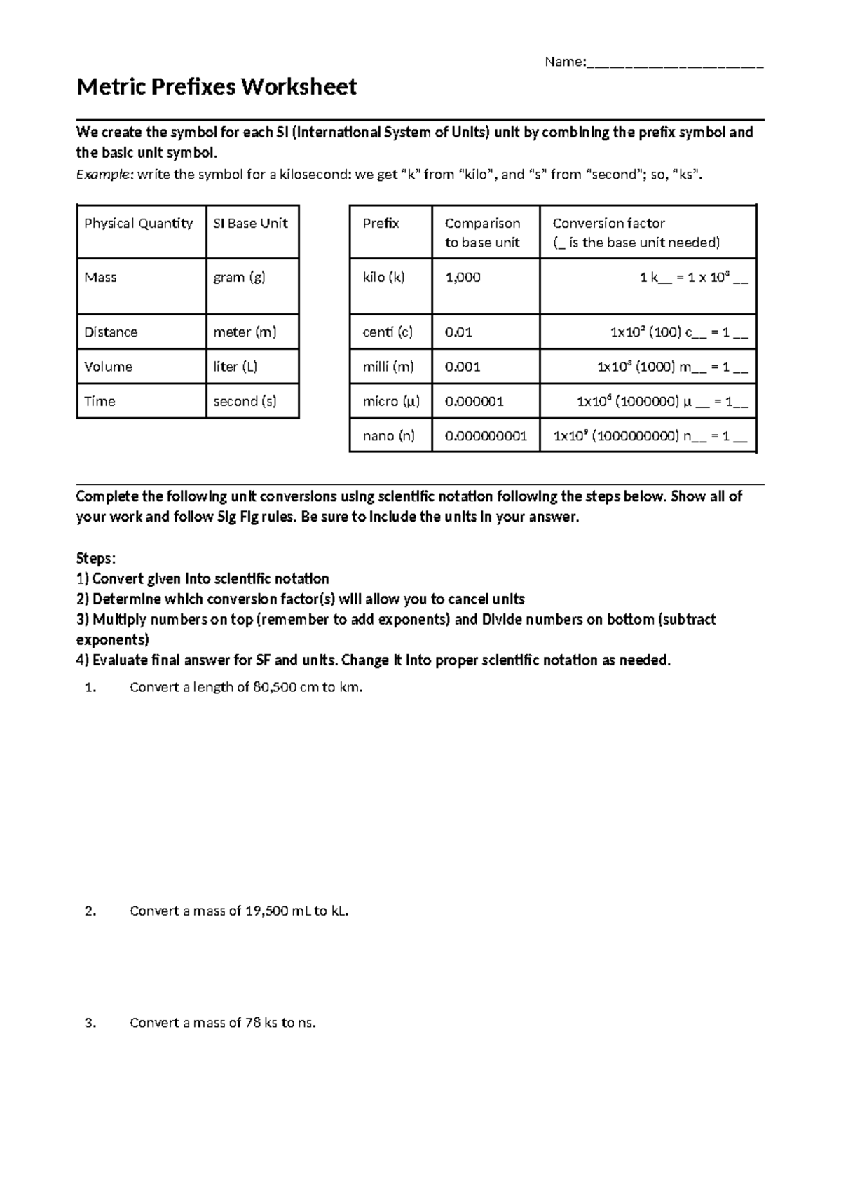 Metric Prefixes Worksheet 2024 - Name:_______________________ Metric ...