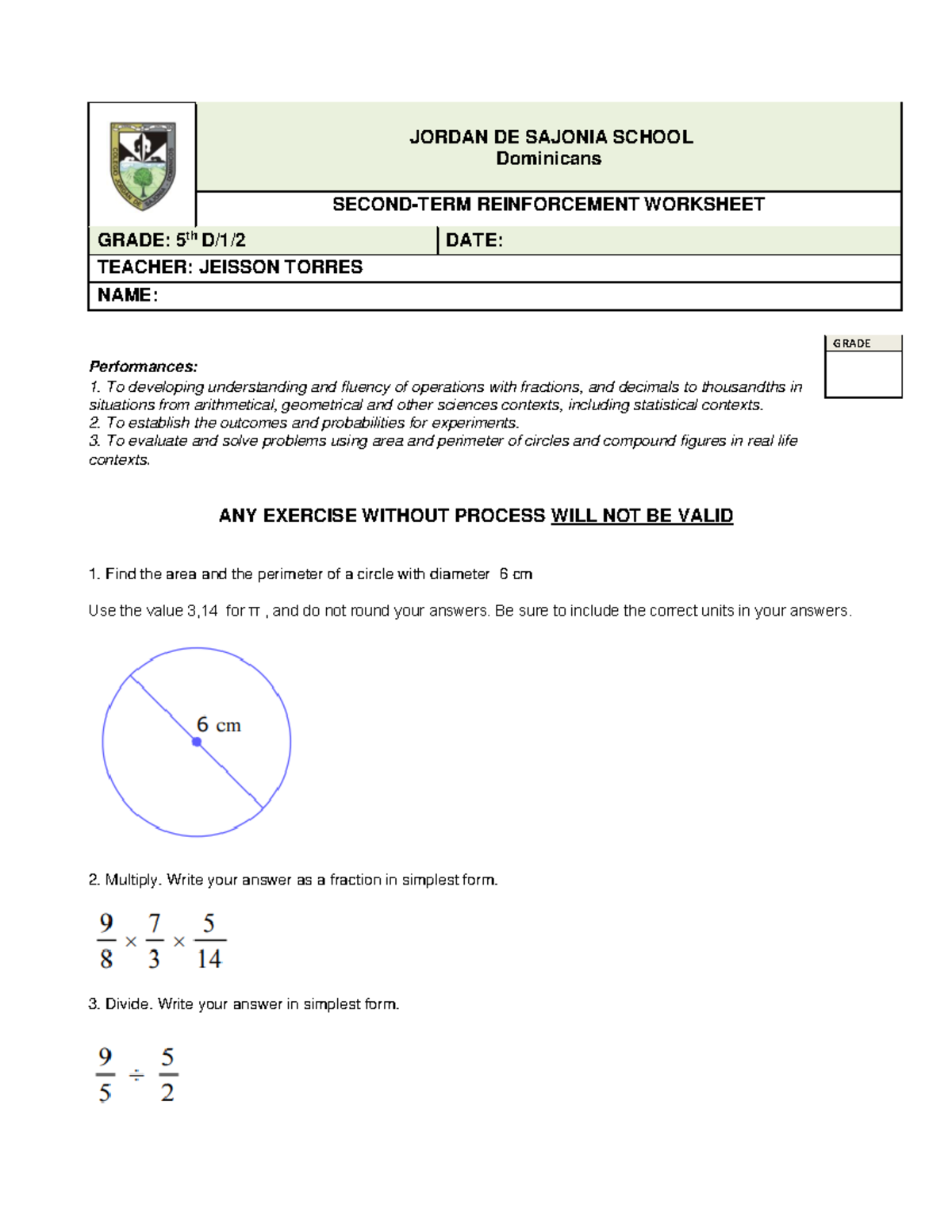 Reinforcement Worksheet III TERM MATH - 5 - JORDAN DE SAJONIA SCHOOL Dominicans SECOND-TERM ...