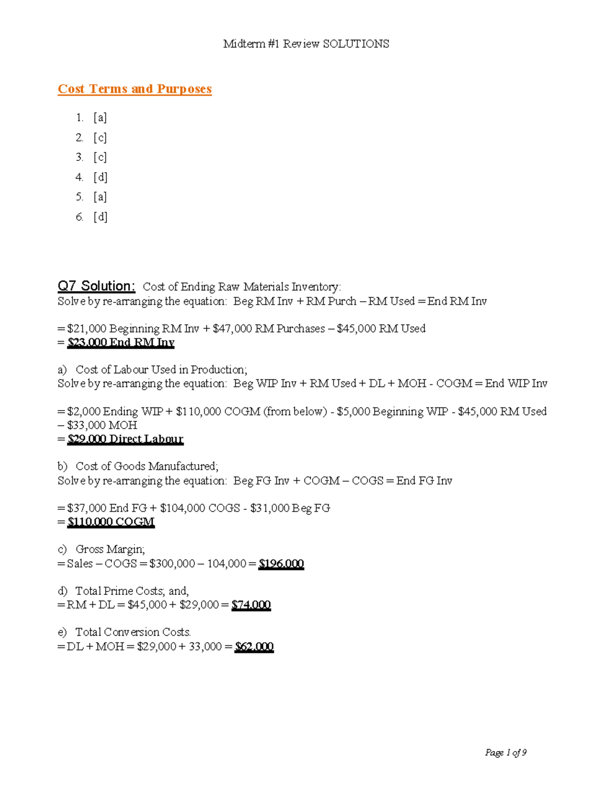 Midterm 1 Review Qs Solutions - Cost Terms and Purposes 1. [a] 2. [c] 3. [c] 4. [d] 5. [a] 6. [d ...
