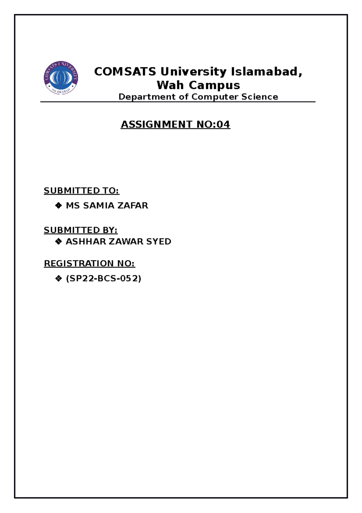 Assignment 04 solved - COMSATS University Islamabad, Wah Campus ...