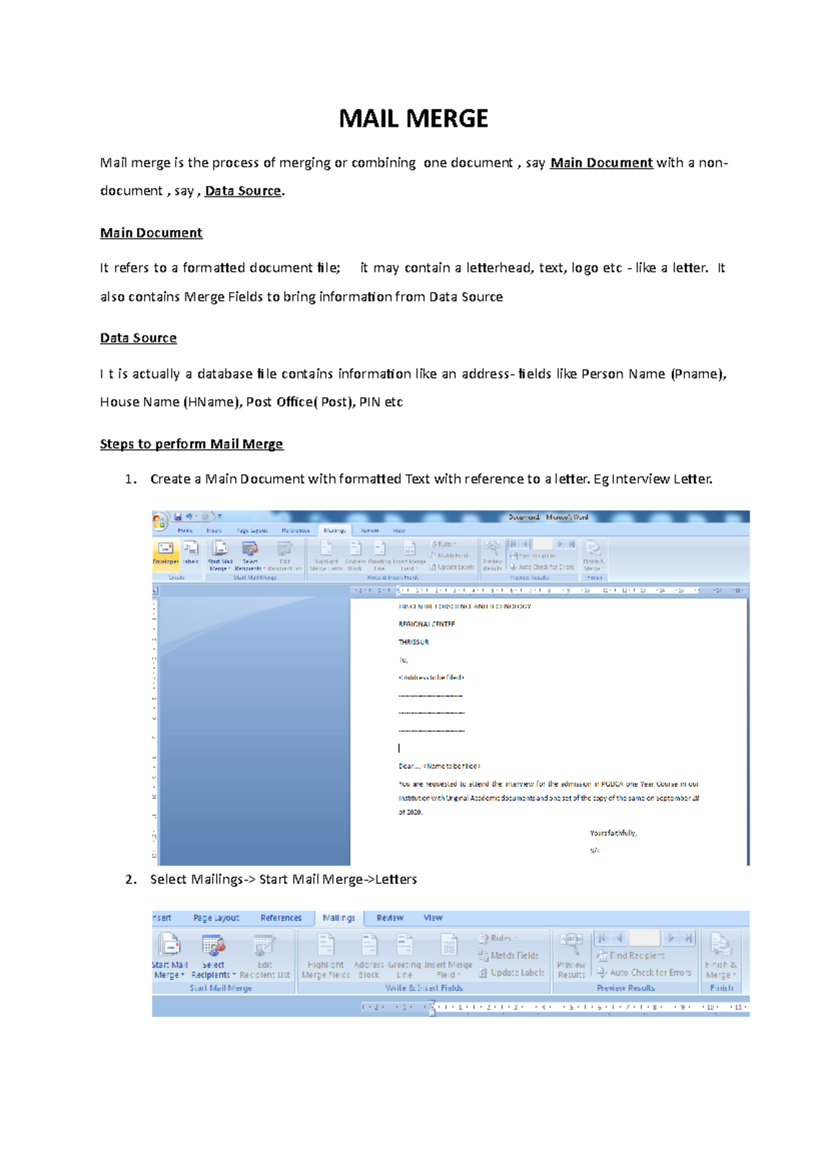 Mail Merge in Microsoft office word - MAIL MERGE Mail merge is the ...