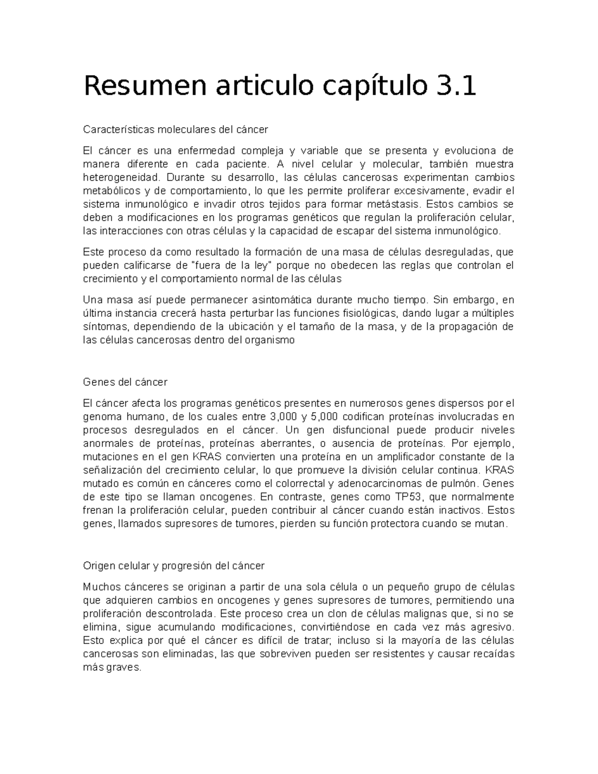 Resumen capitulo 31 - Resumen articulo capítulo 3. Características moleculares del cáncer El ...