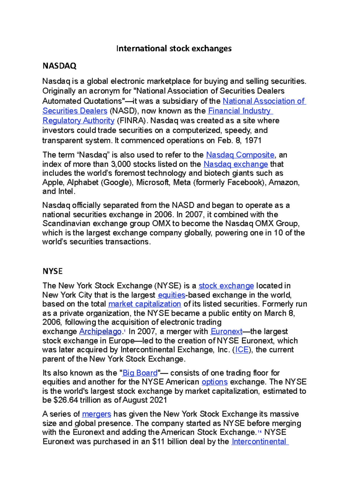 Bst project part - important - International stock exchanges NASDAQ ...