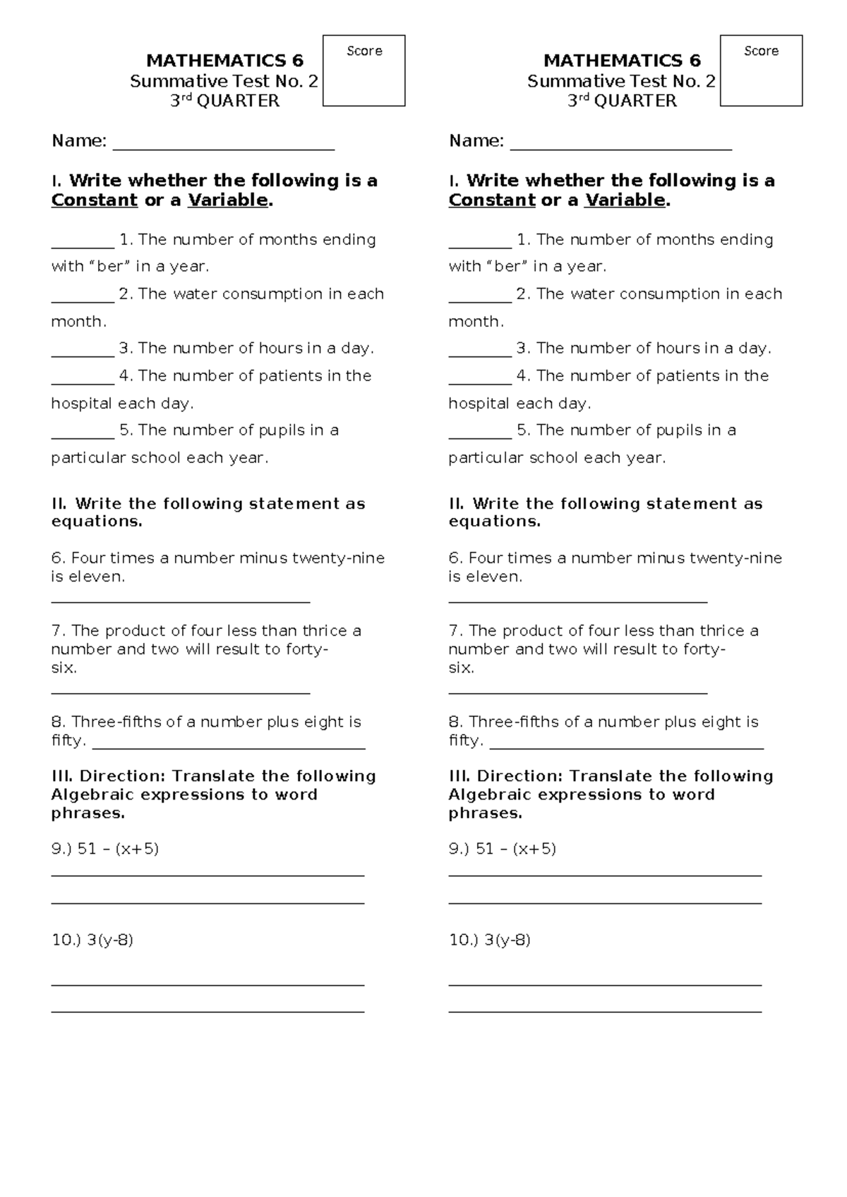 Q3 Summative 2 - MATHEMATICS 6 Summative Test No. 2 3 rd QUARTER Name