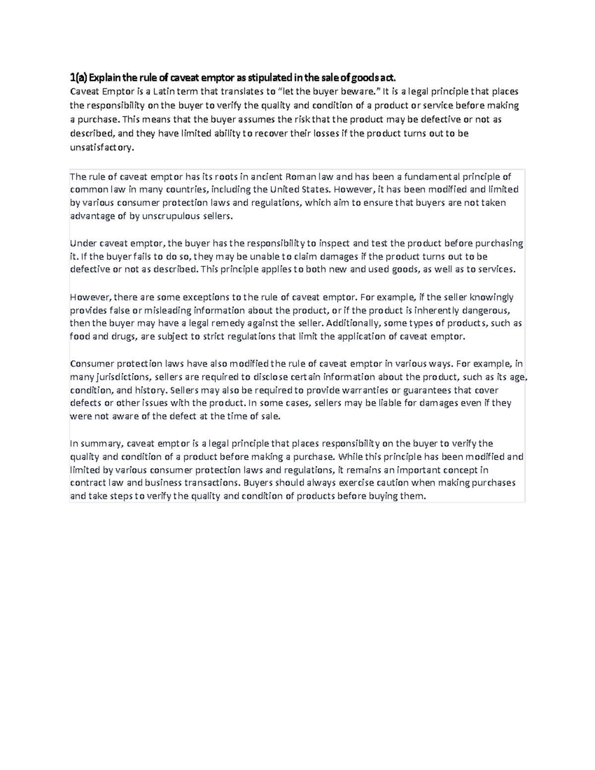 Business law - 1(a) Explain the rule of caveat emptor as stipulated in ...