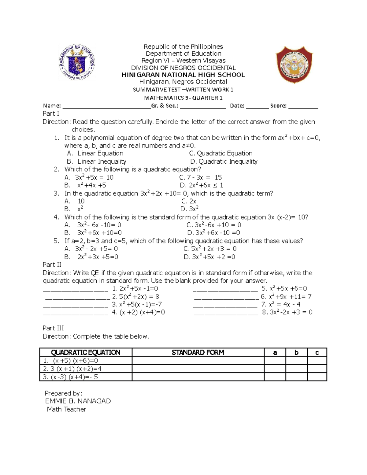 G9-math summative - Republic of the Philippines Department of Education ...