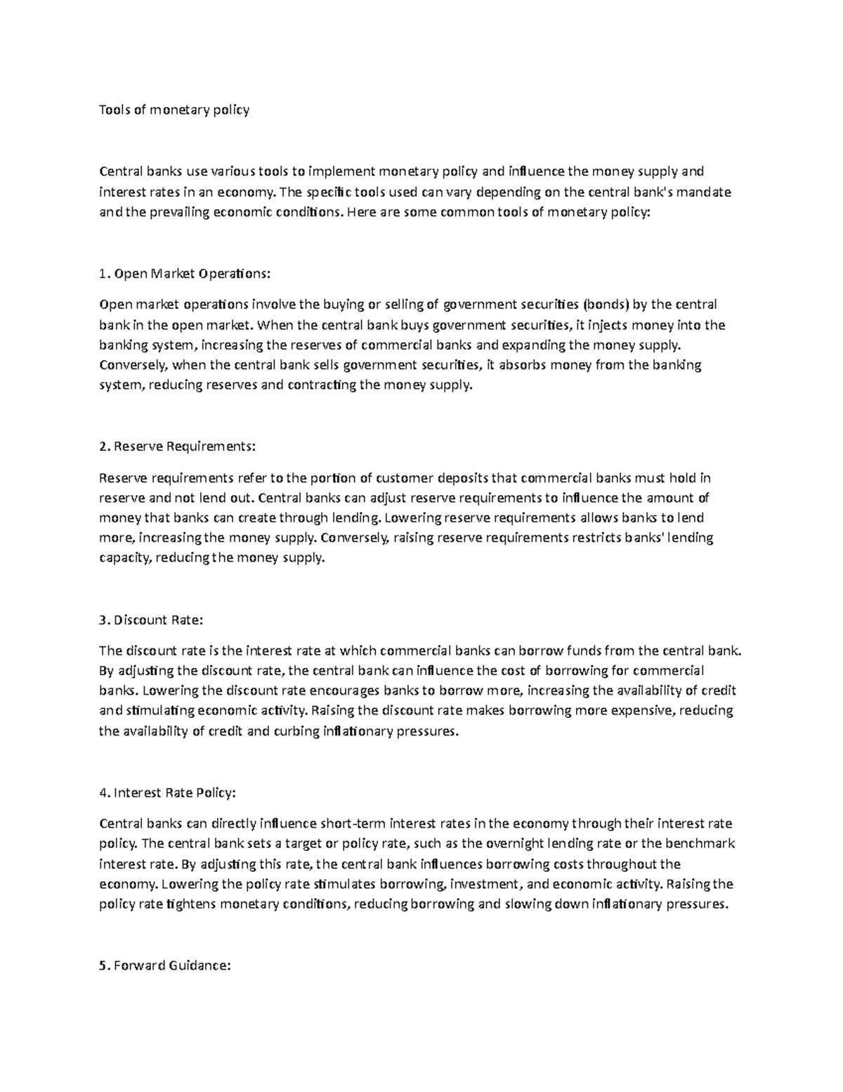 Monetary policy tools - Studocu