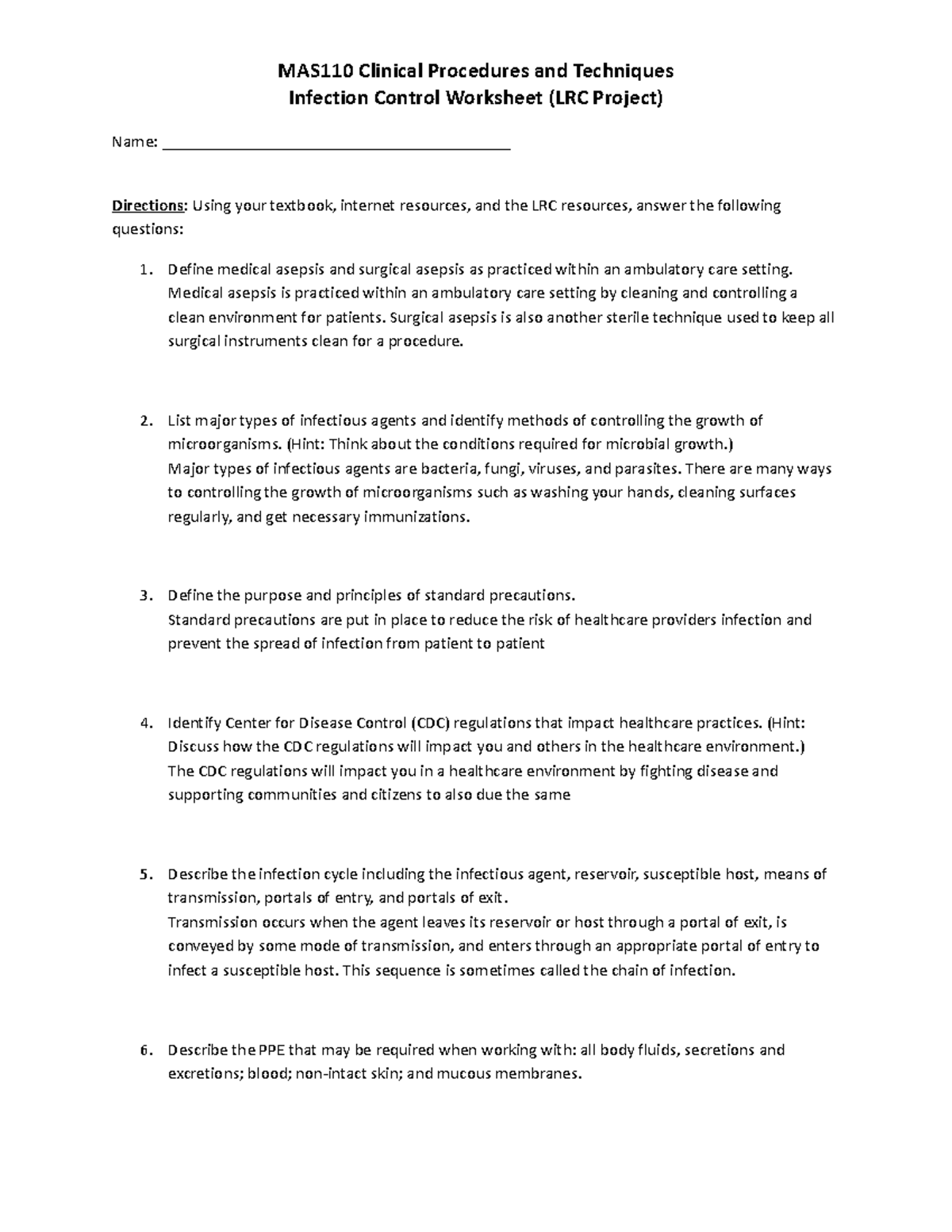 MAS110 Clinical Procedures and Techniques Week 1 Assignment 2 Infection ...