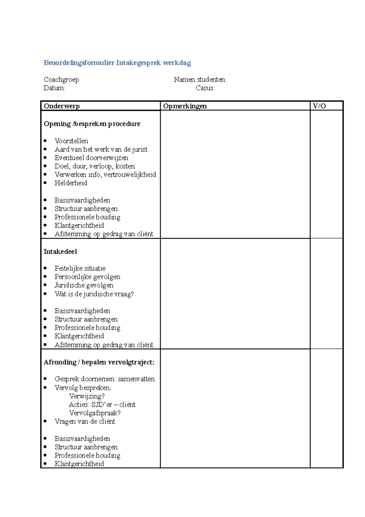 Beoordelingsformulier intakegesprek - Studeersnel
