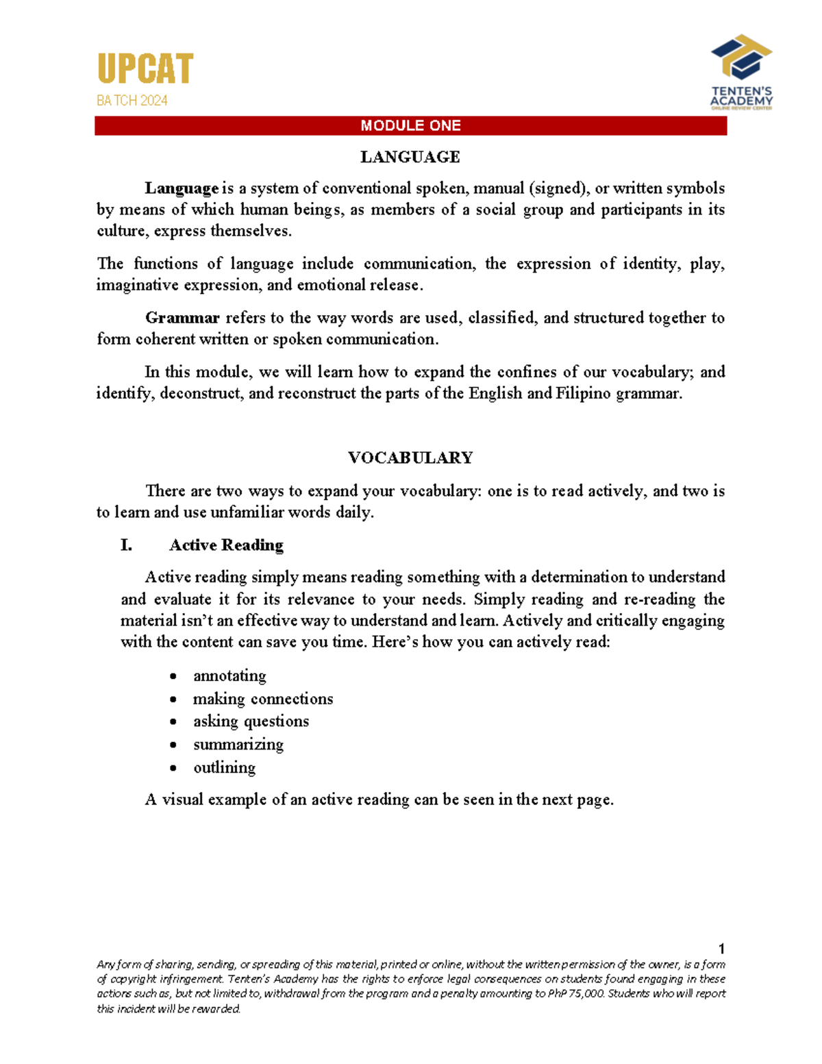 Upcat LP Module+1 - mkkkkkkkkkkkkk - BATCH 2024 1 Any form of sharing, sending, or spreading of ...