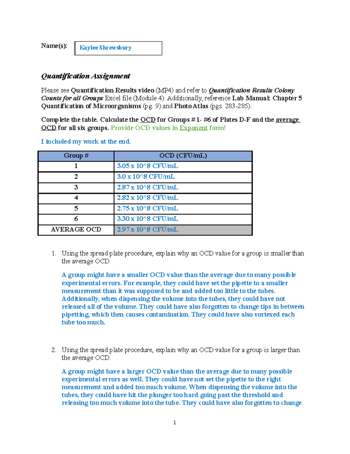 Quantification & Dilutions II Assignment - BIO 140L - Name(s): Quantification Assignment Please ...