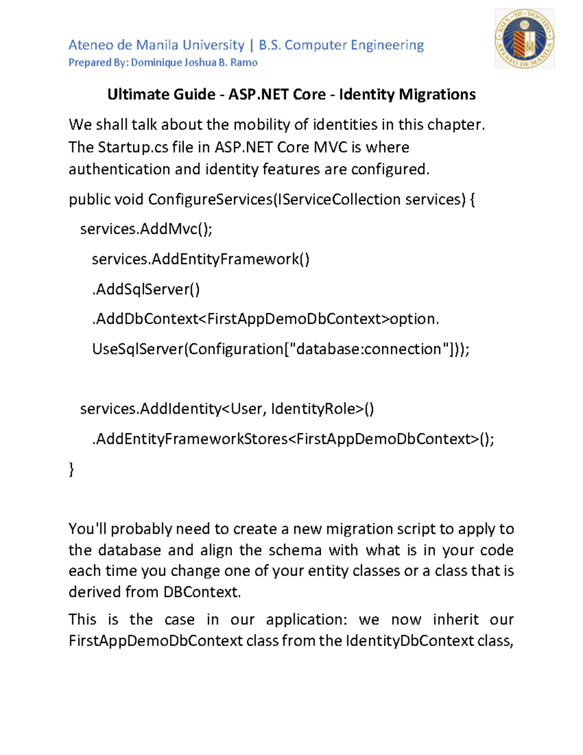 Ultimate Guide - ASP.NET Core - Identity Migrations - Prepared By: Dominique Joshua B. Ramo ...