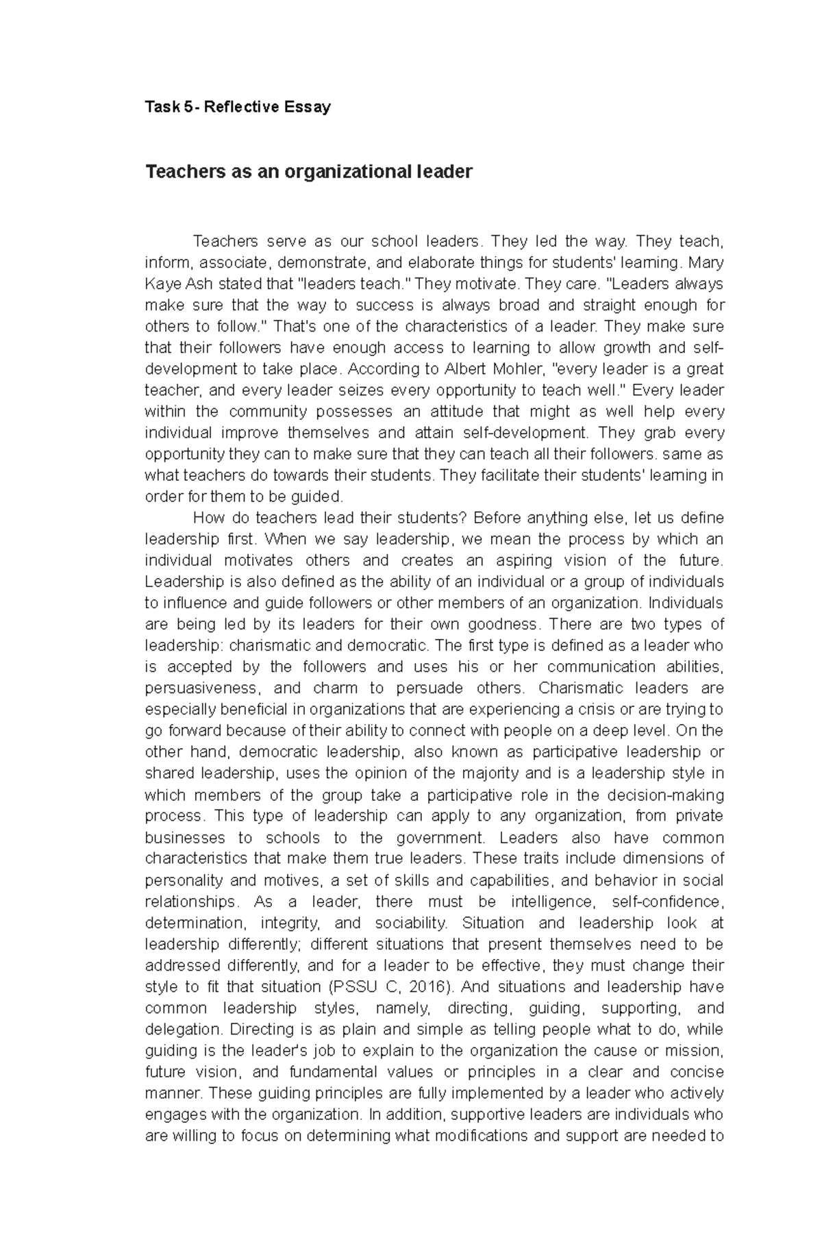 Teachers AS AN Organizational Leader - Task 5- Reflective Essay ...