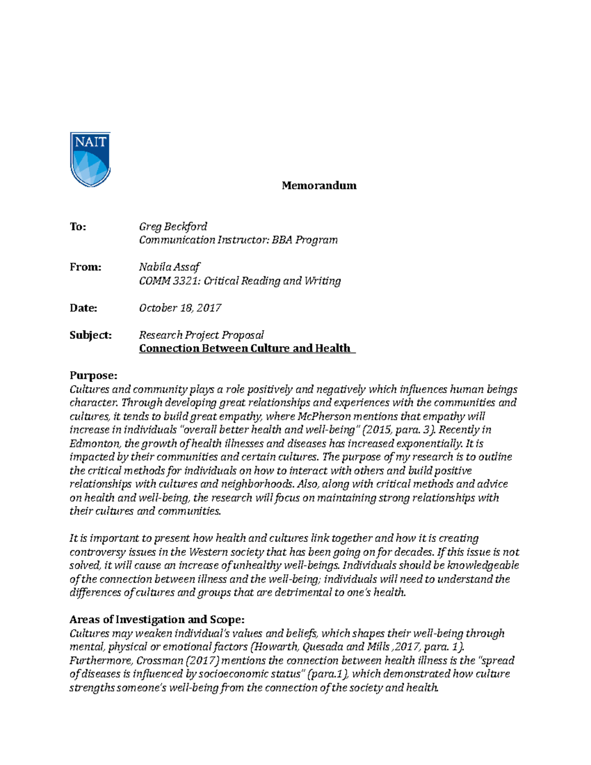 Research Project Proposal - Memorandum To: Greg Beckford Communication ...