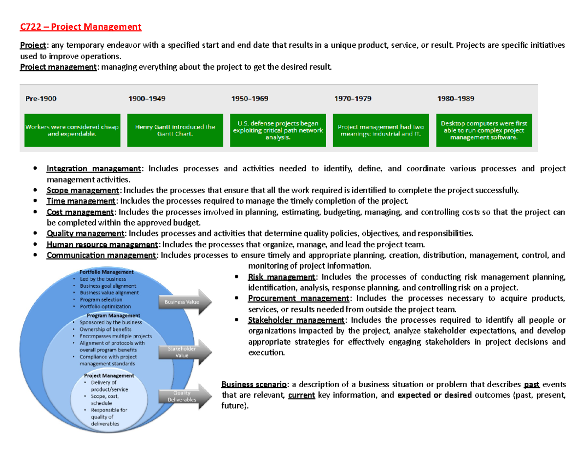 Study guide - C722 – Project Management Project: any temporary endeavor ...