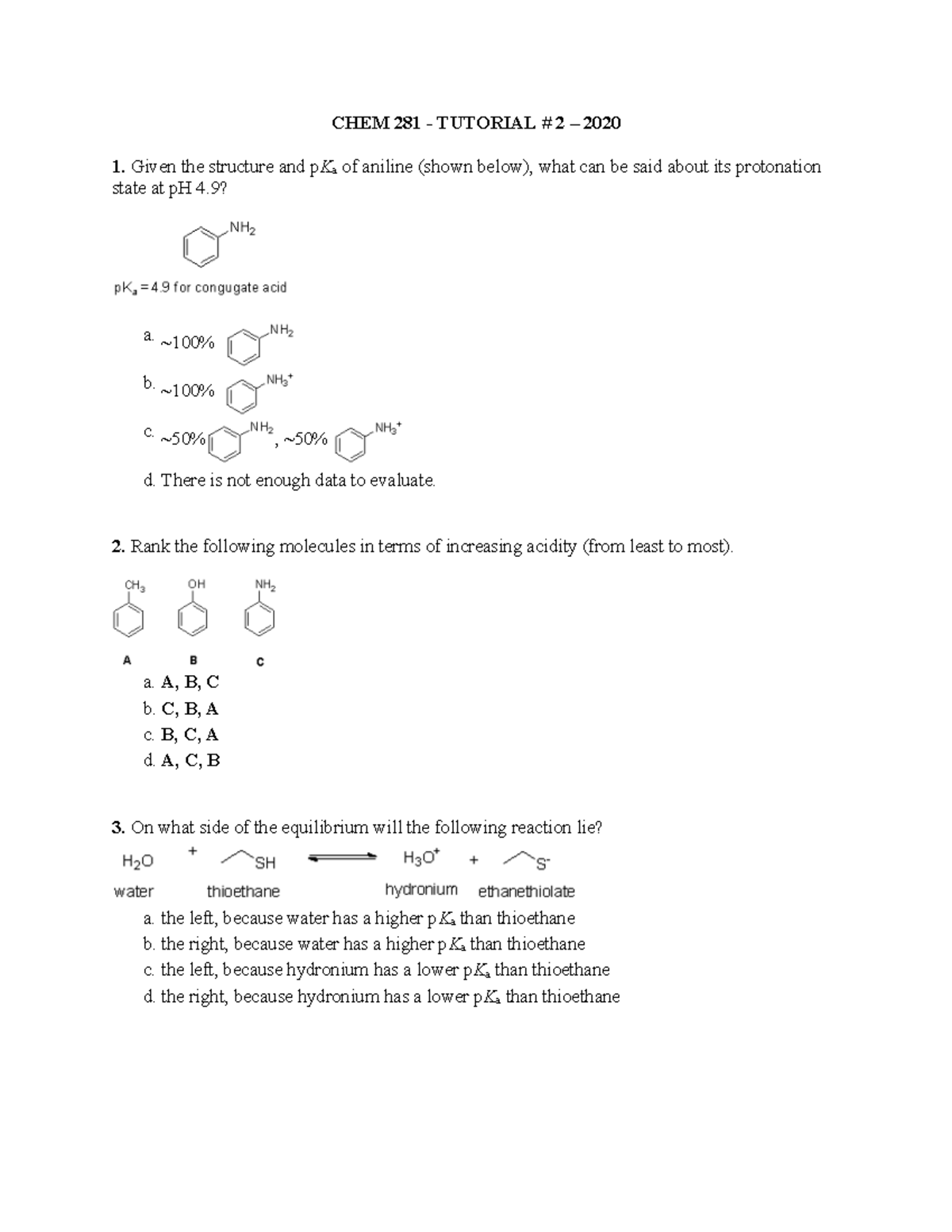 Tutorial Assignment 2 - pKa, acidity & basicity, equilibrium - CHEM 281 - TUTORIAL # 2 – 2020 1 ...
