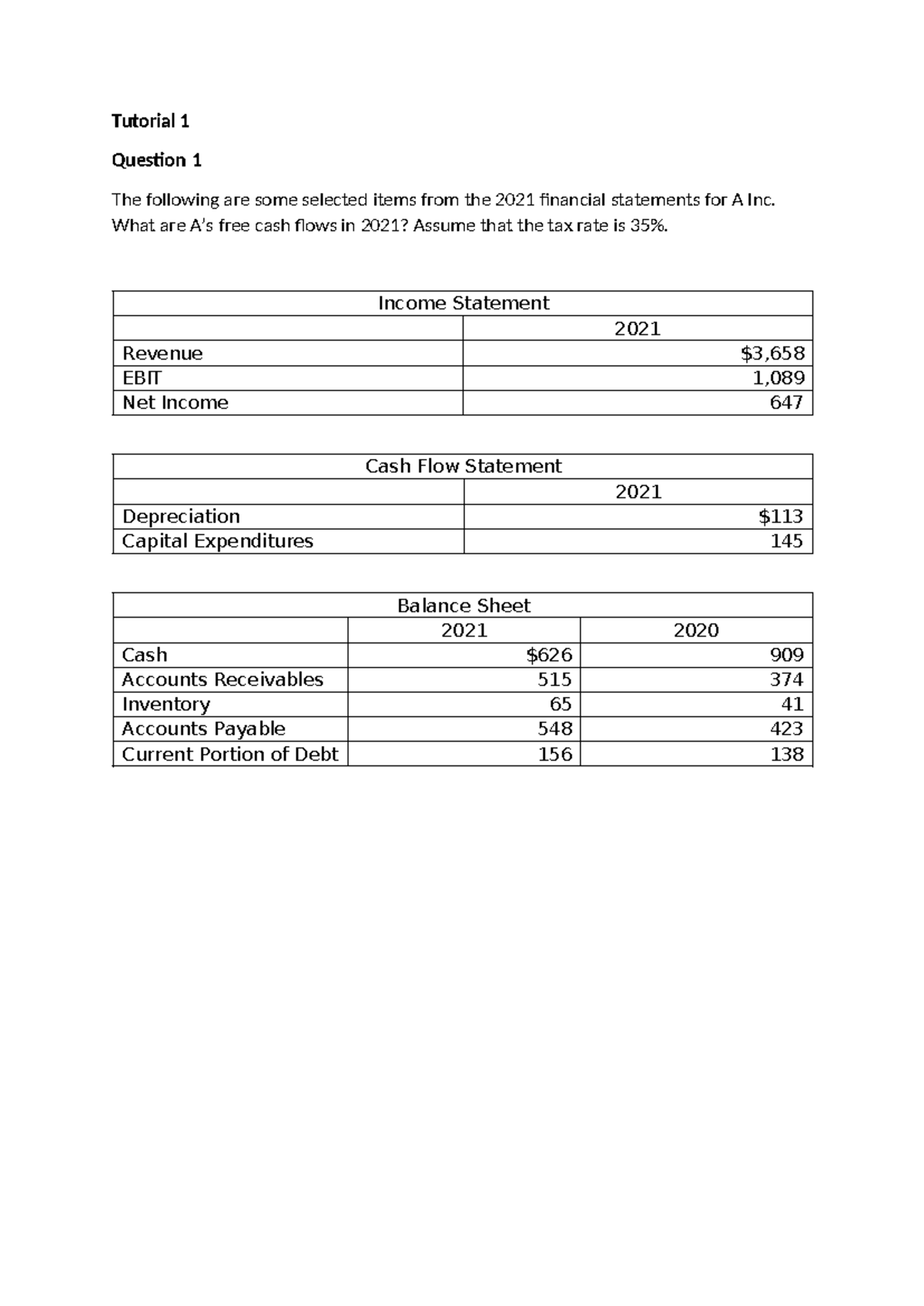 CFDM Tutorial 1 - Tute 1 questions - FNCE20005 - Tutorial 1 Question 1 ...