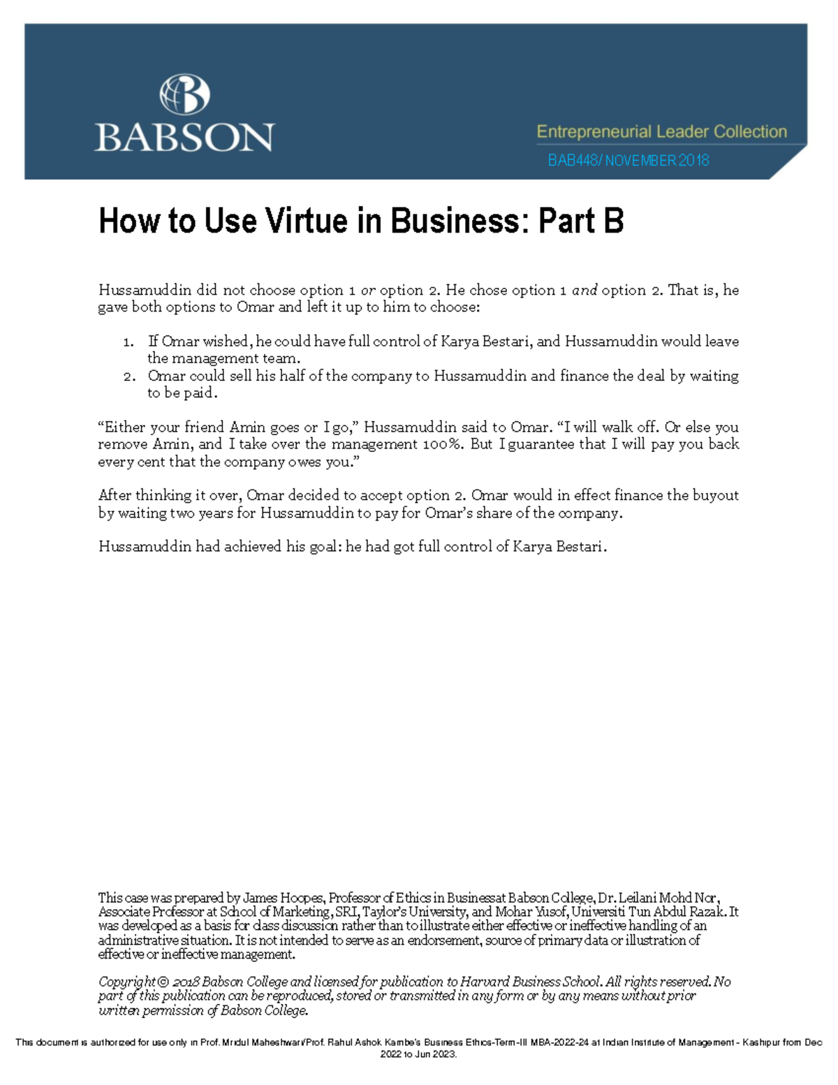 17. How To Use Virtue in Business Part B - This case was prepared by ...