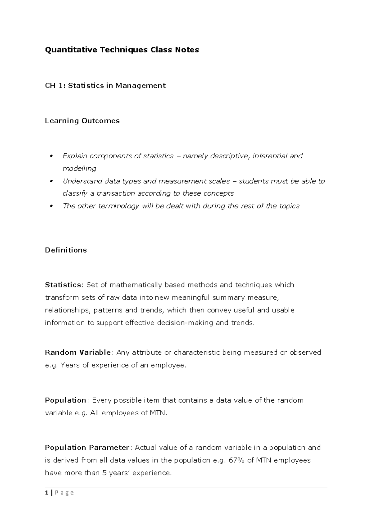 Unit 1 Statistics in Management - Quantitative Techniques Class Notes ...