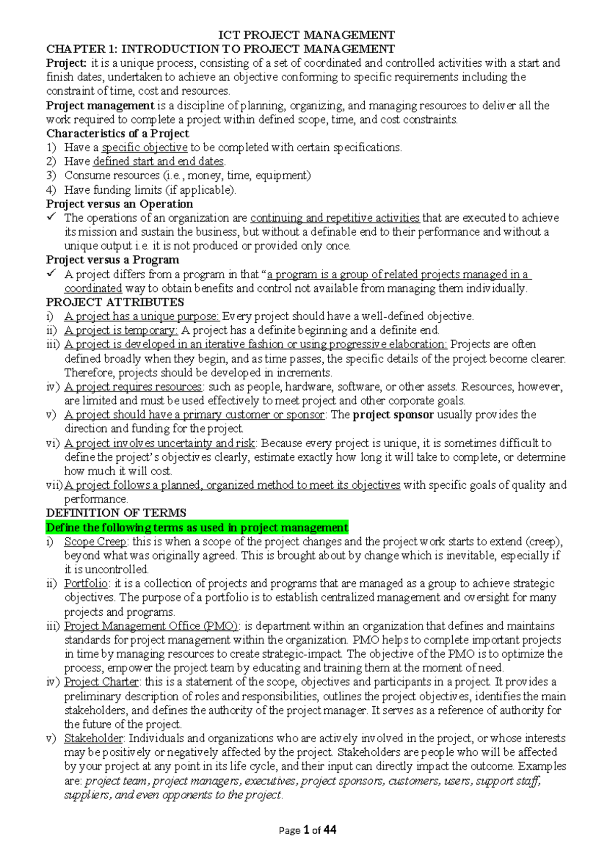 .BIT 3206 ICT Project Management Notes TO Print - ICT PROJECT ...