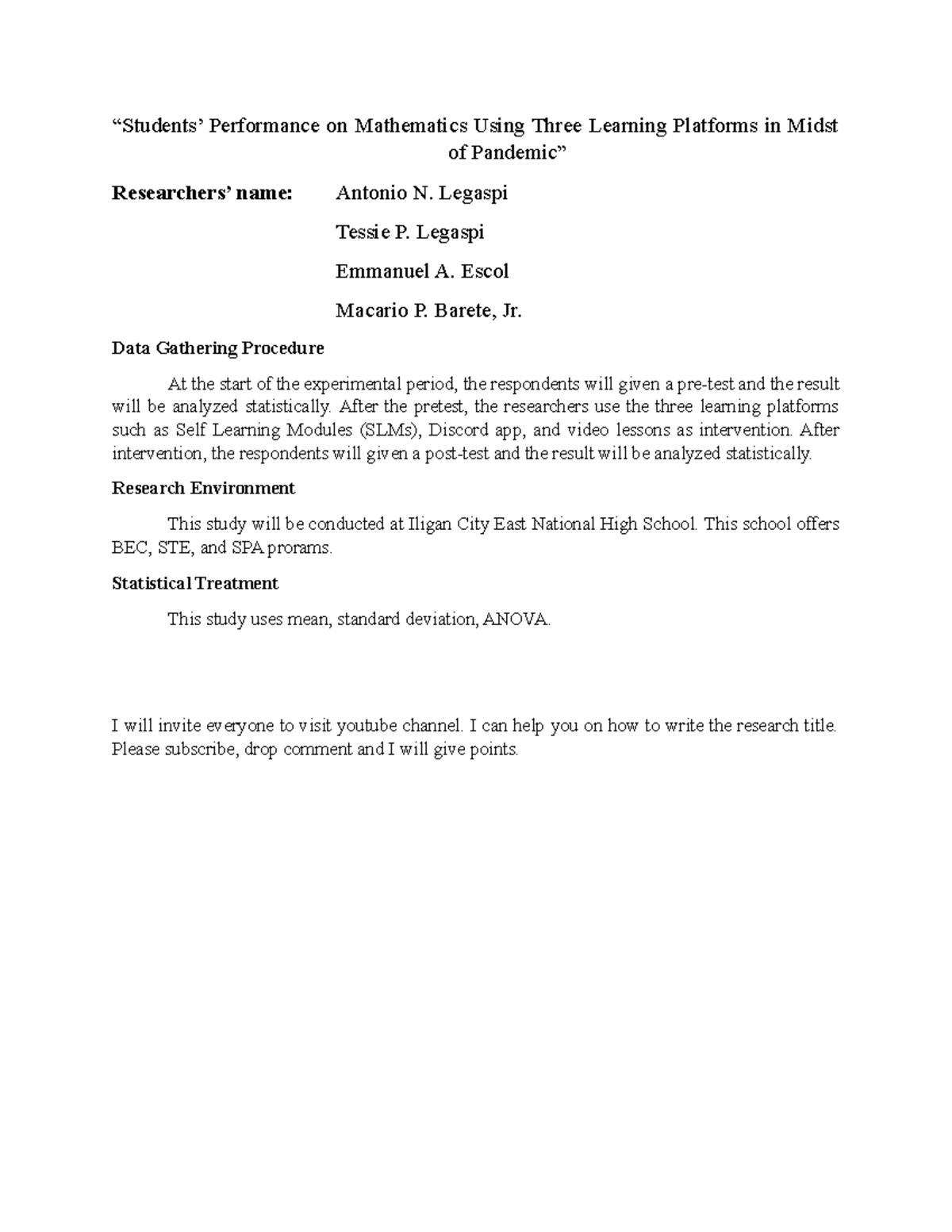 Sample-research-title - “Students’ Performance on Mathematics Using ...