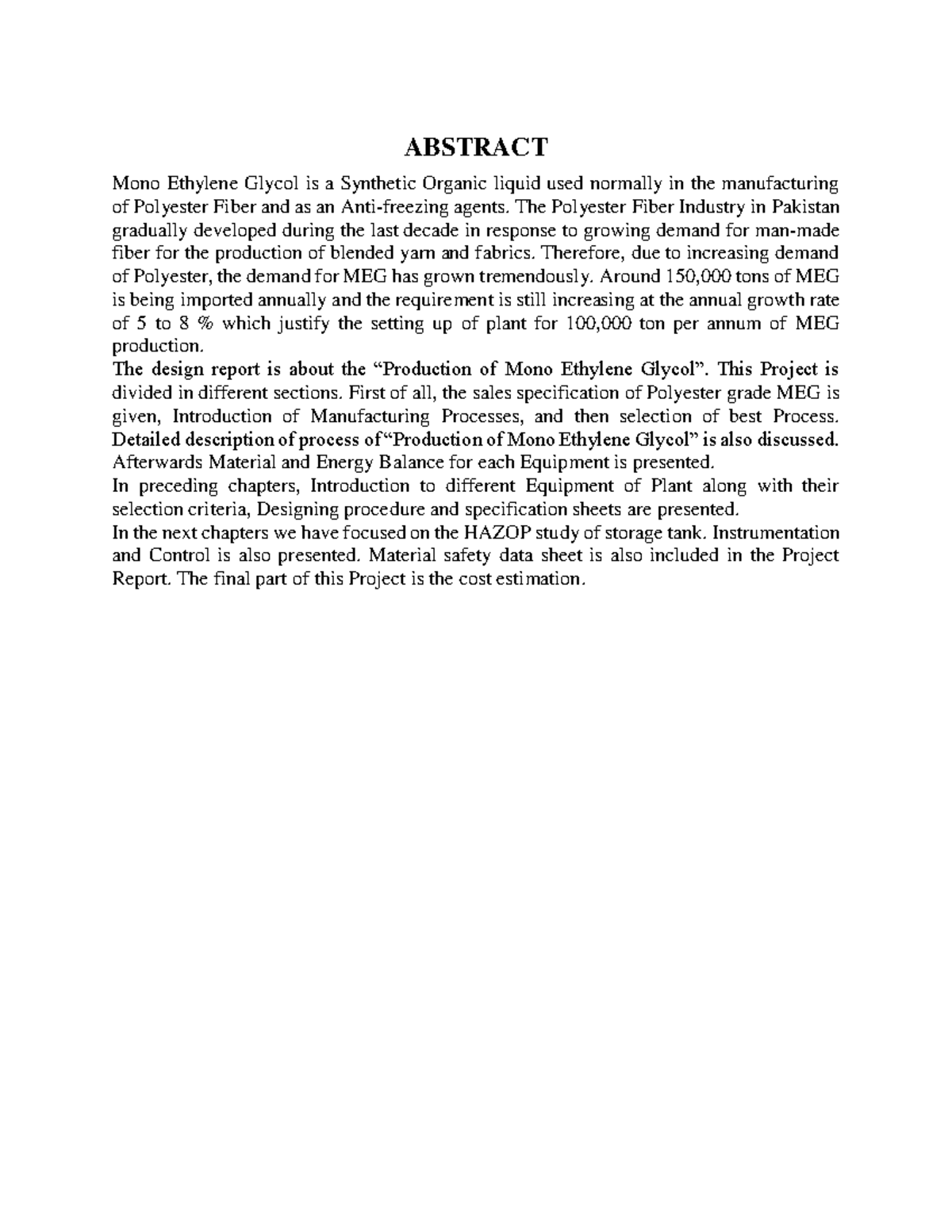 FYP final year desgin - ABSTRACT Mono Ethylene Glycol is a Synthetic Organic liquid used ...