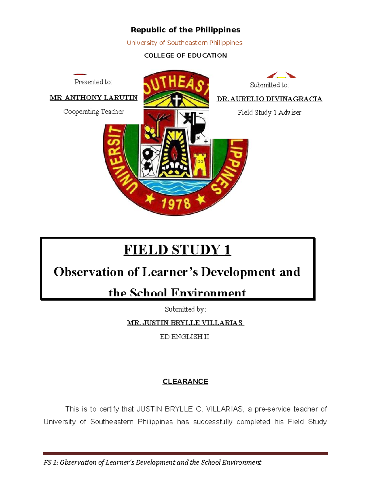 Field Study 1 Portfolio University of So - University of Southeastern ...