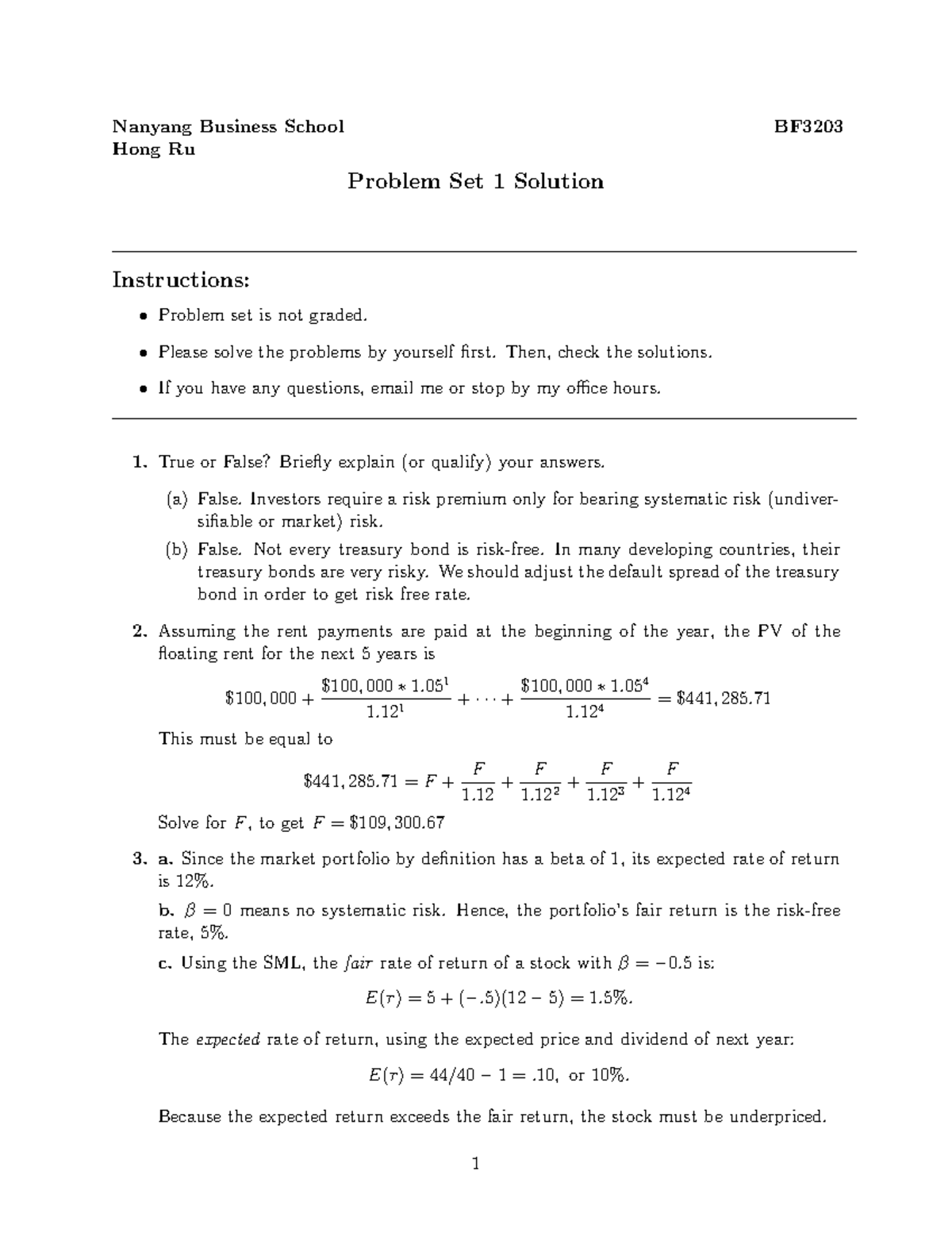 Problem Set1 BF3203 Solution - Nanyang Business School Hong Ru BF Problem Set 1 Solution - Studocu