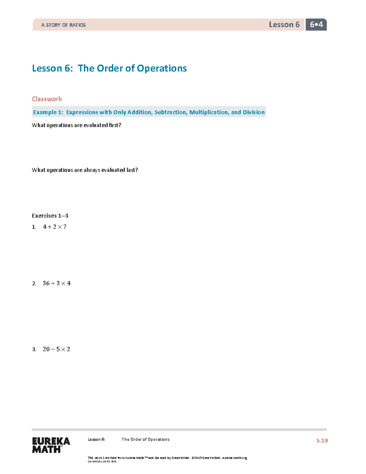 Lesson 6 classwork - Lesson 6 6 • Lesson 6: The Order of Operations ...