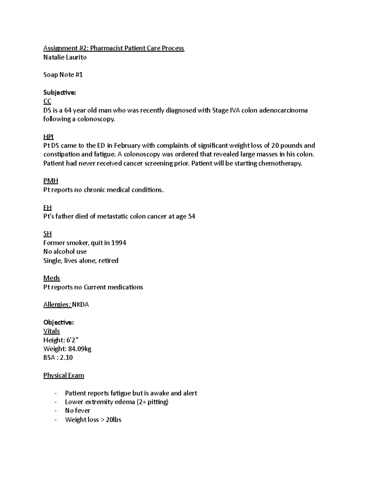 #2 Doylestown Cancer PPC Process - Assignment #2: Pharmacist Patient Care Process Natalie ...