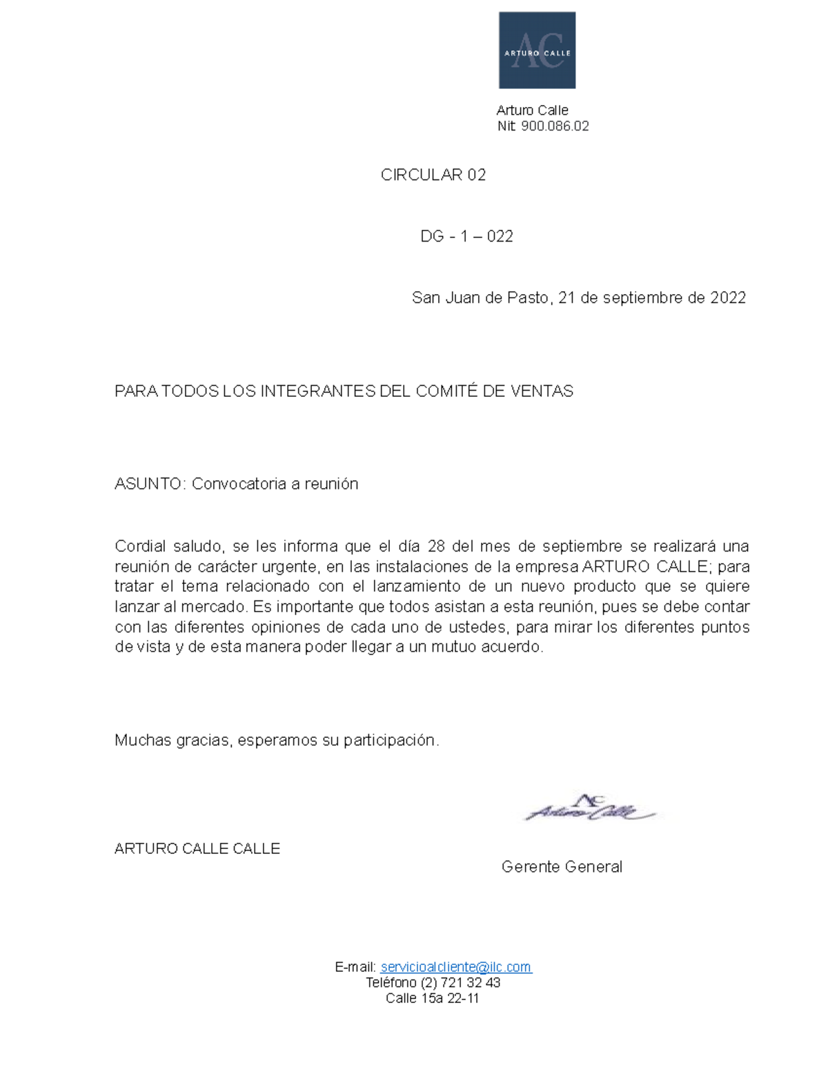 Circular, Estilo Bloque Grupo - Arturo Calle Nit: 900. CIRCULAR 02 DG - 1 – 022 San Juan de ...