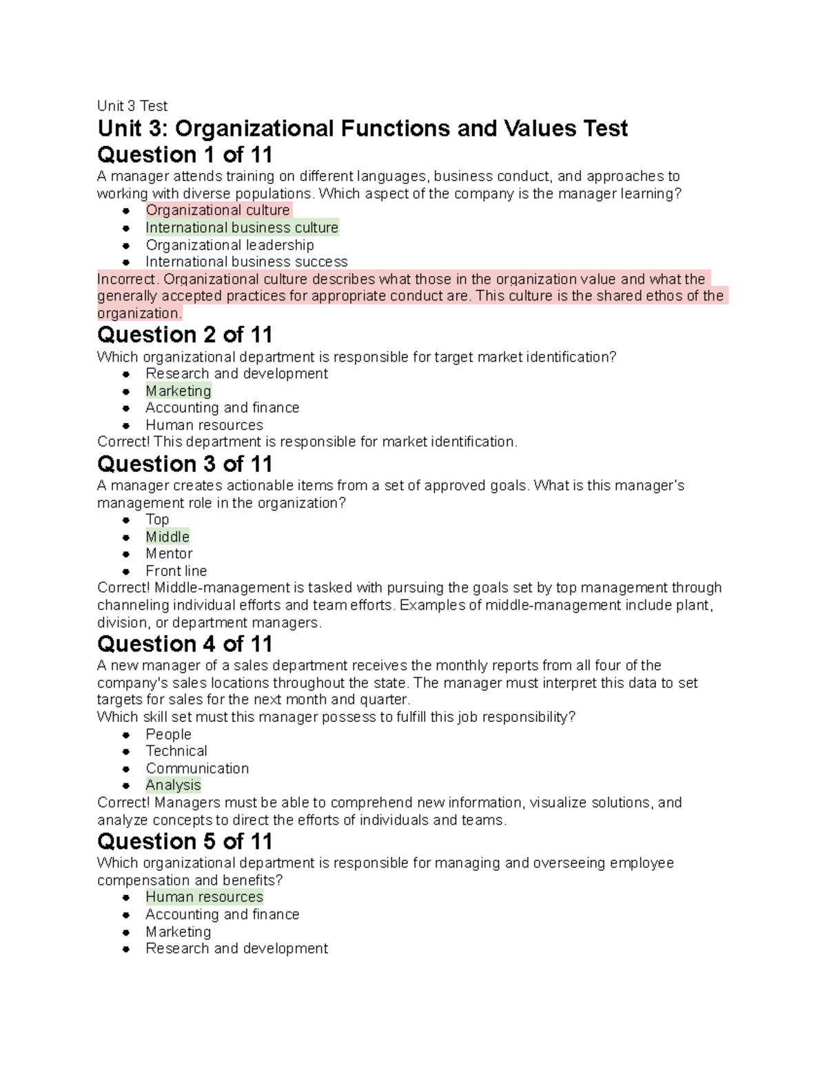 Unit 3 Test - d072 - Unit 3 Test Unit 3: Organizational Functions and ...