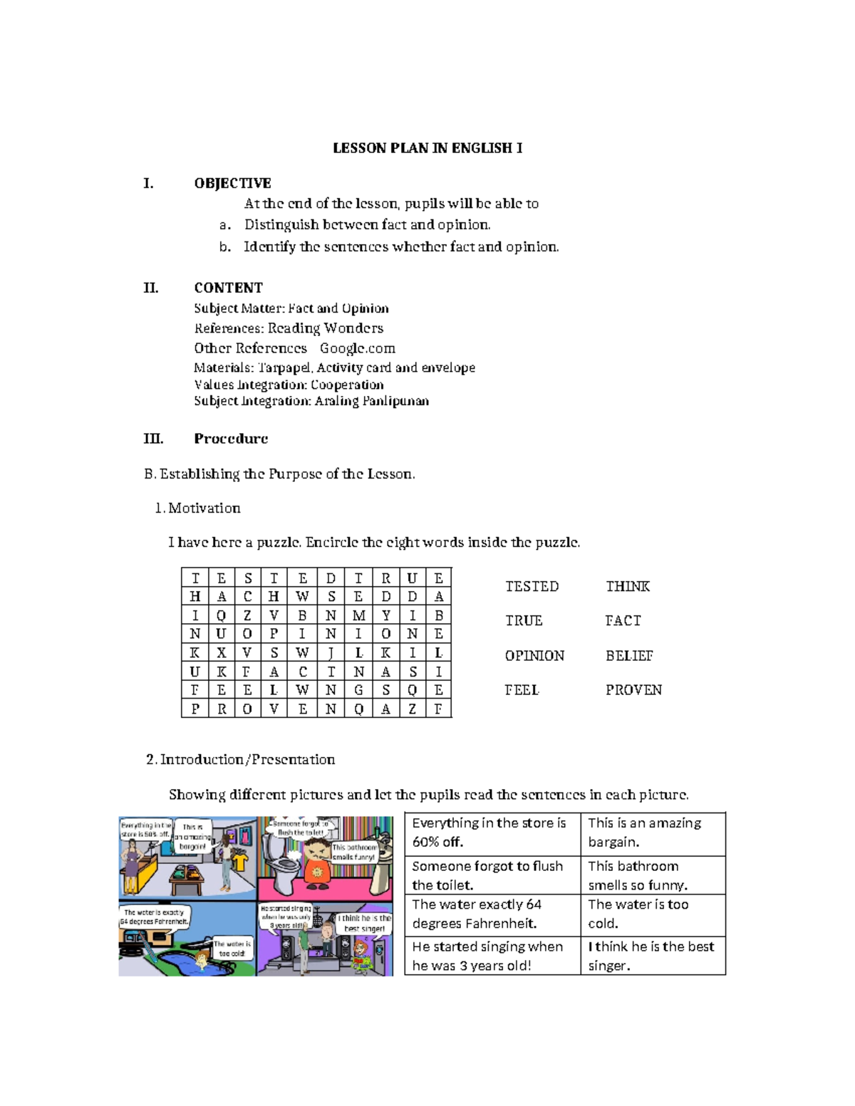 Lesson PLAN IN English IV 2021- Fact and Opinion - LESSON PLAN IN ...