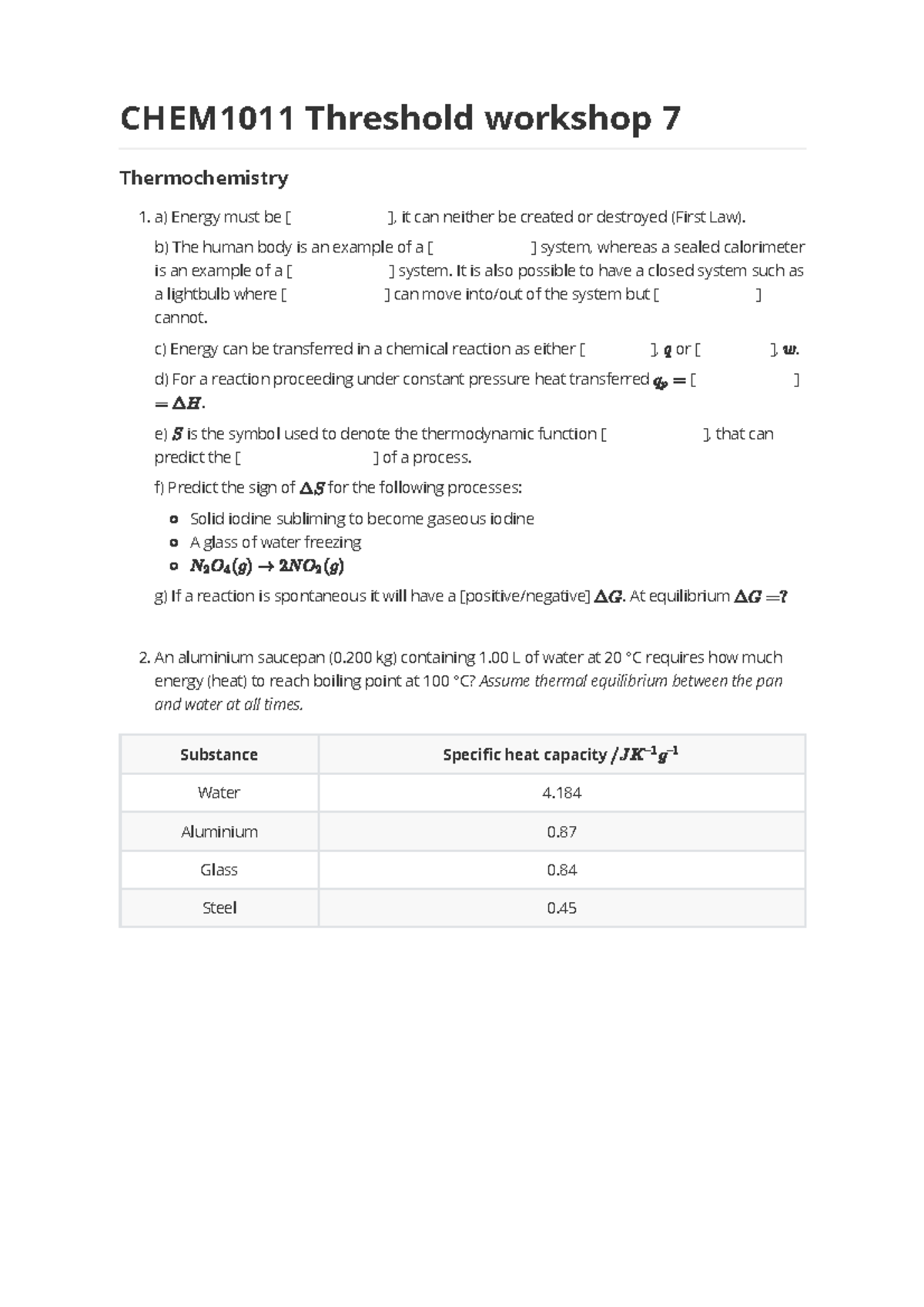 Worksheet 7 - Thermochemistry - Substance Specific heat capacity Water ...