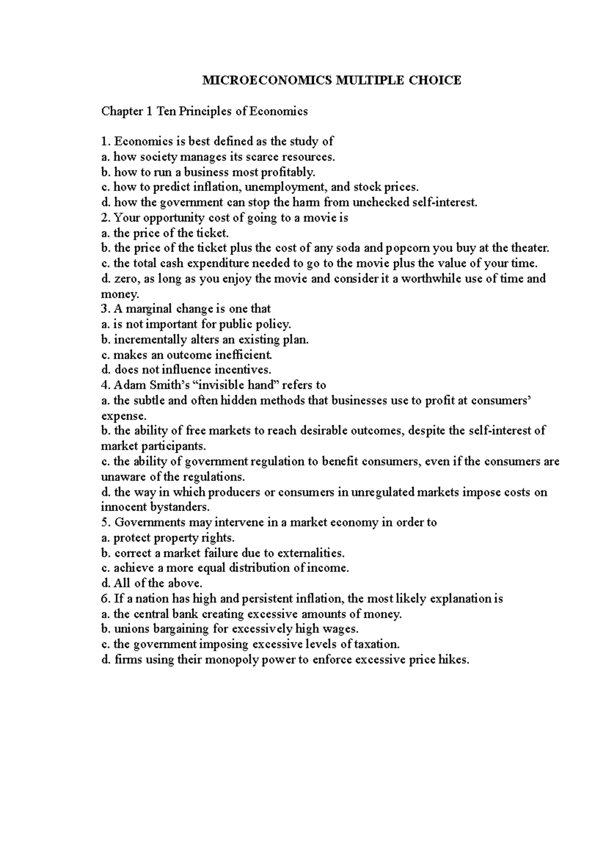 Multiple Choice Questions Mankiw 7th 1 - MICROECONOMICS MULTIPLE CHOICE ...