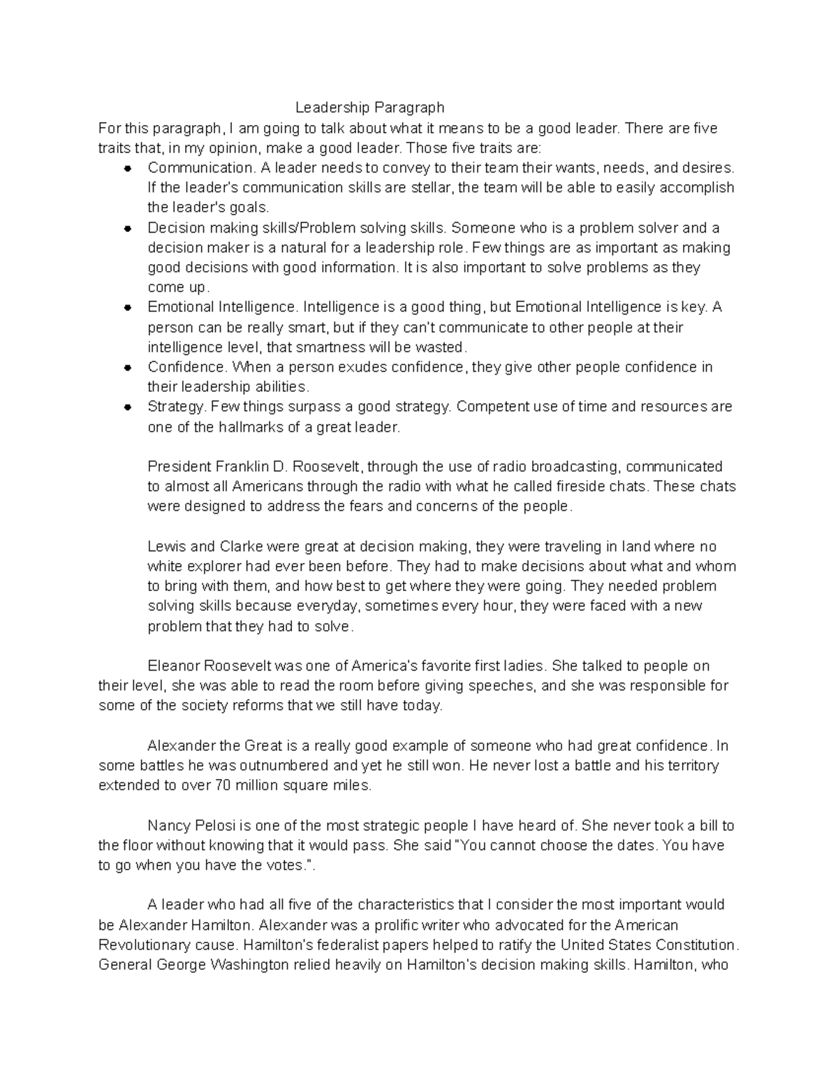 David Brown 2 - Leadership Paragraph - Leadership Paragraph For this ...
