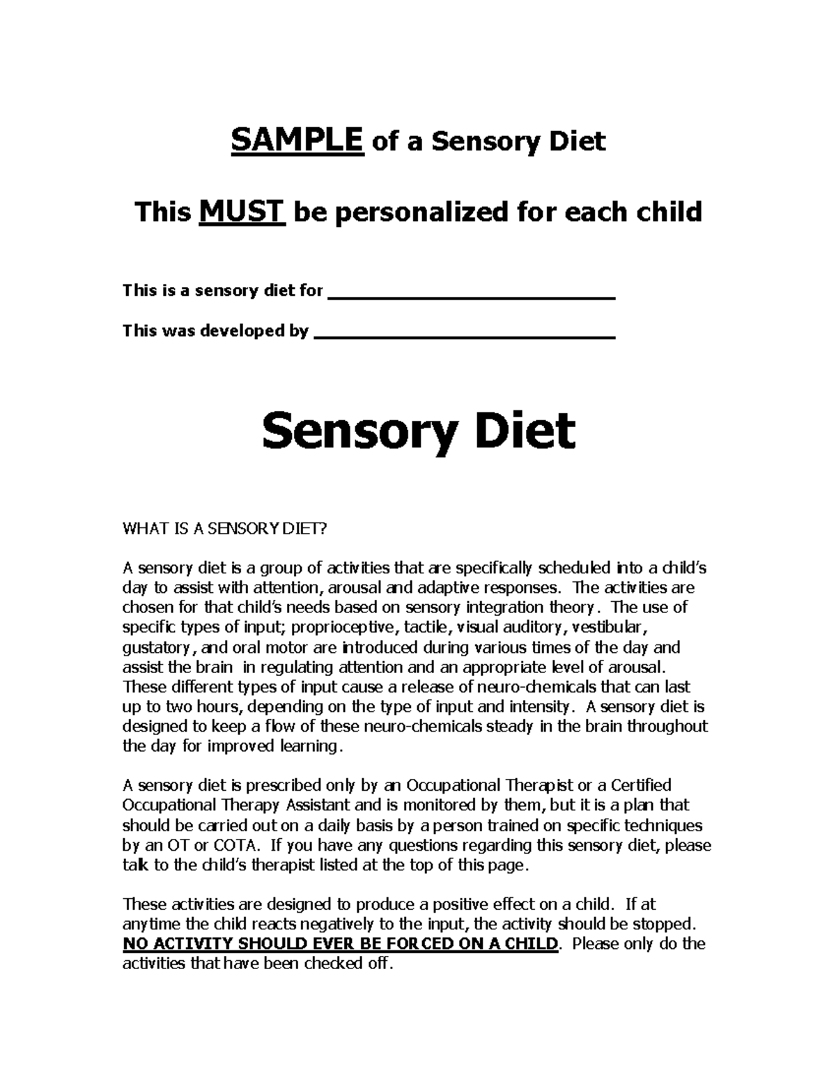 Trying to make sense resources - SAMPLE of a Sensory Diet This MUST be ...