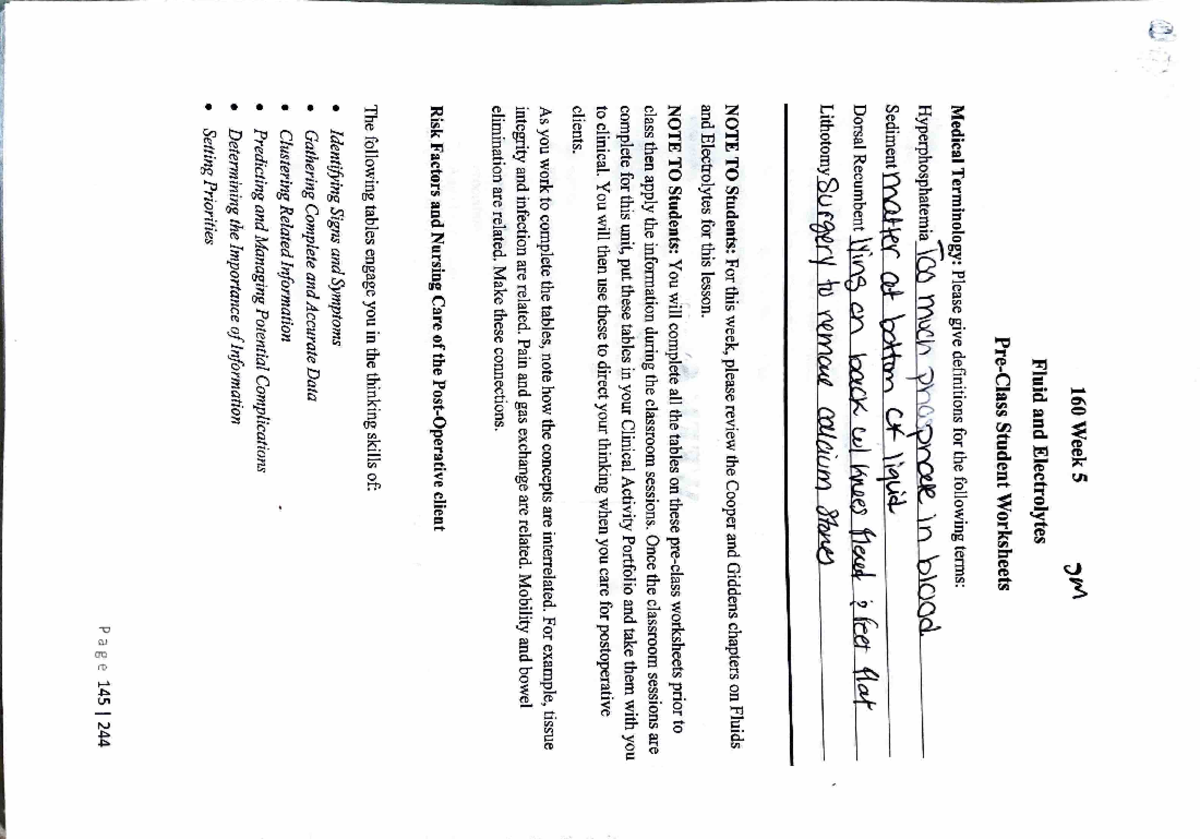 Week 5 pre class assignment - 160 Week 5 Fluid and Electrolytes Student ...