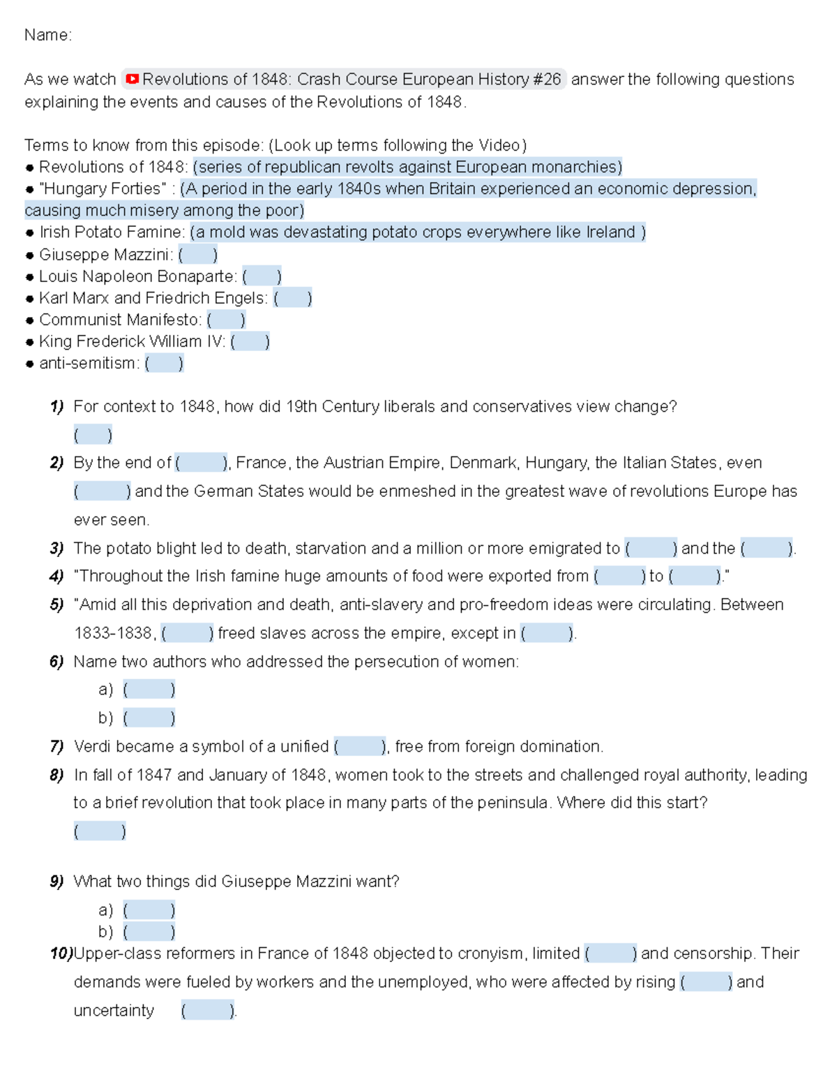 Jaden Hodges - Revolutions of 1848 Crashcourse Video Guide - 7494058 ...