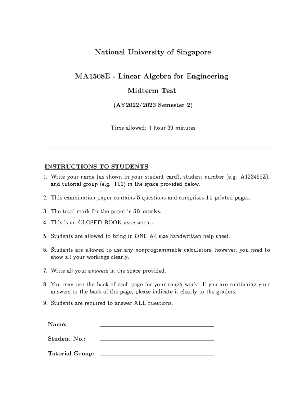 AY2223 Sem2 Midterm Exam (Solution) - National University of Singapore ...