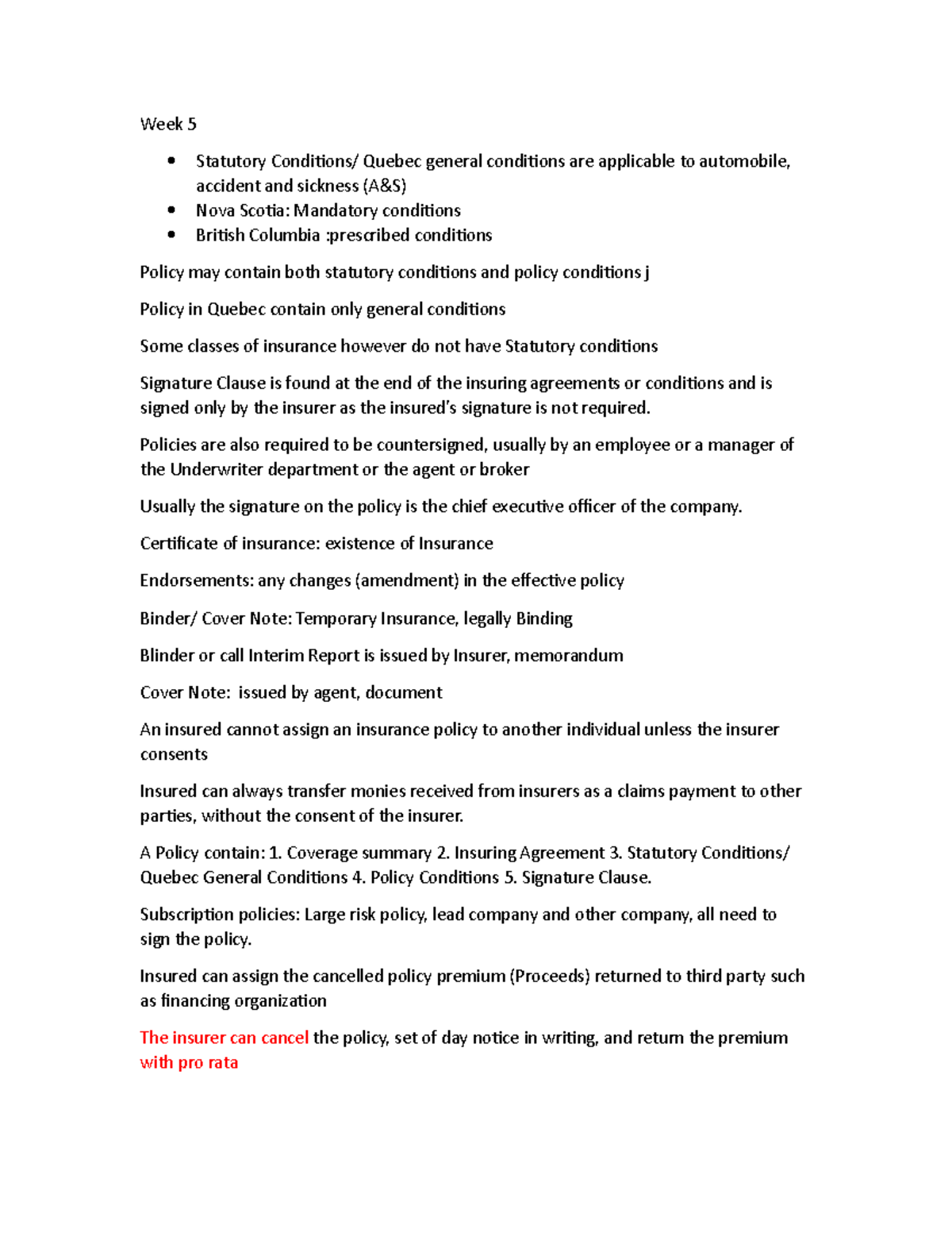 CIP 011 Note 5 - Study notes - Week 5 Statutory Conditions/ Quebec ...