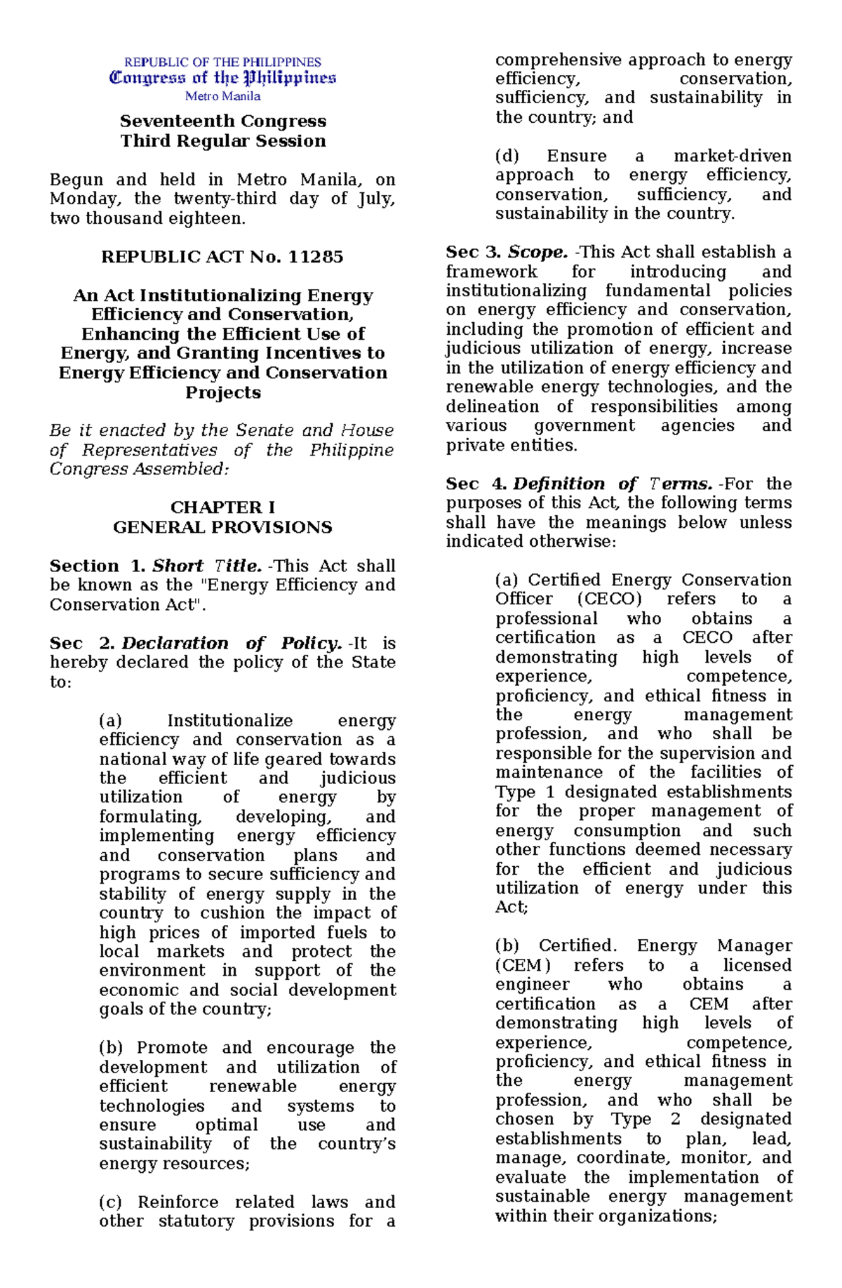 RA 11285 - Seventeenth Congress Third Regular Session Begun and held in ...