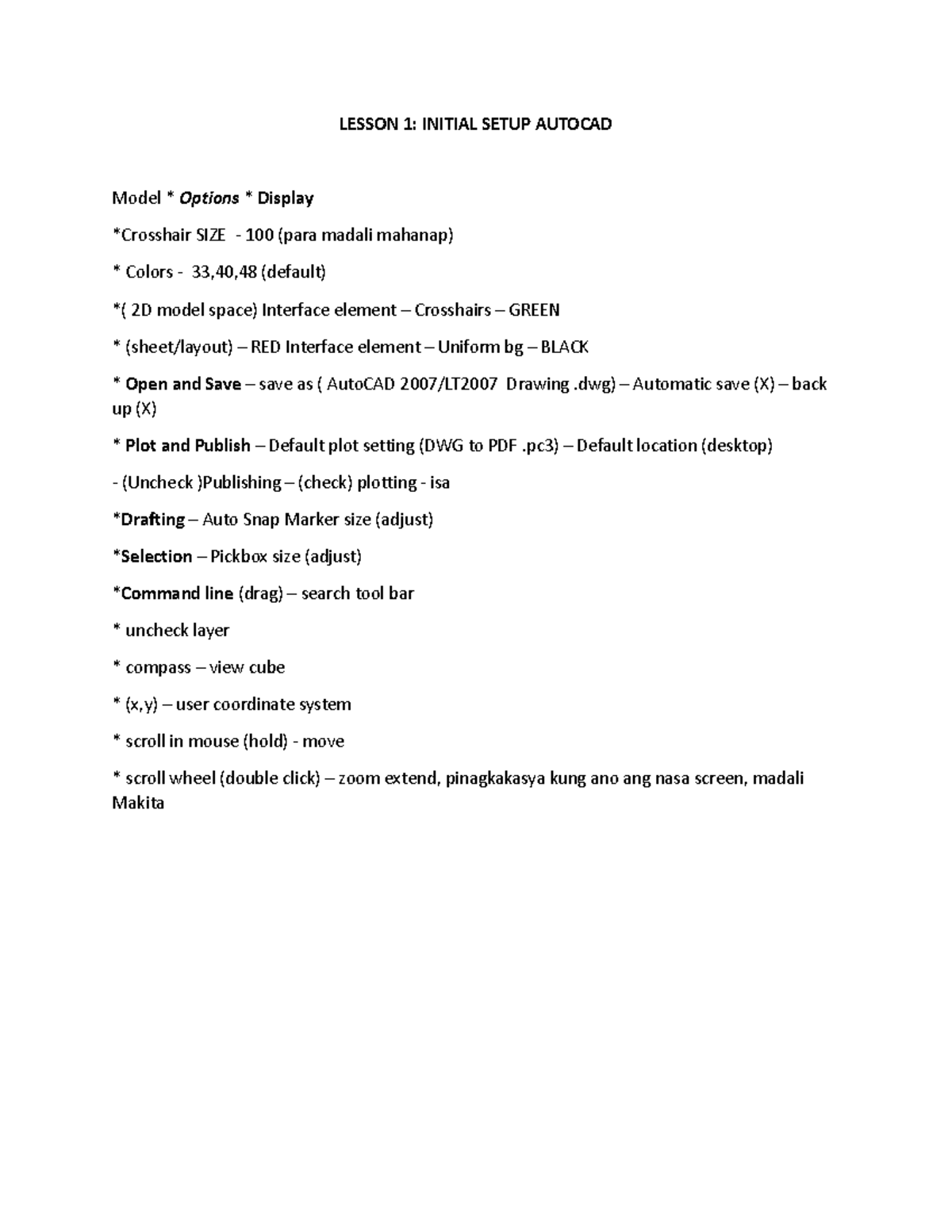 Autocad - LESSON 1: INITIAL SETUP AUTOCAD Model * Options * Display ...