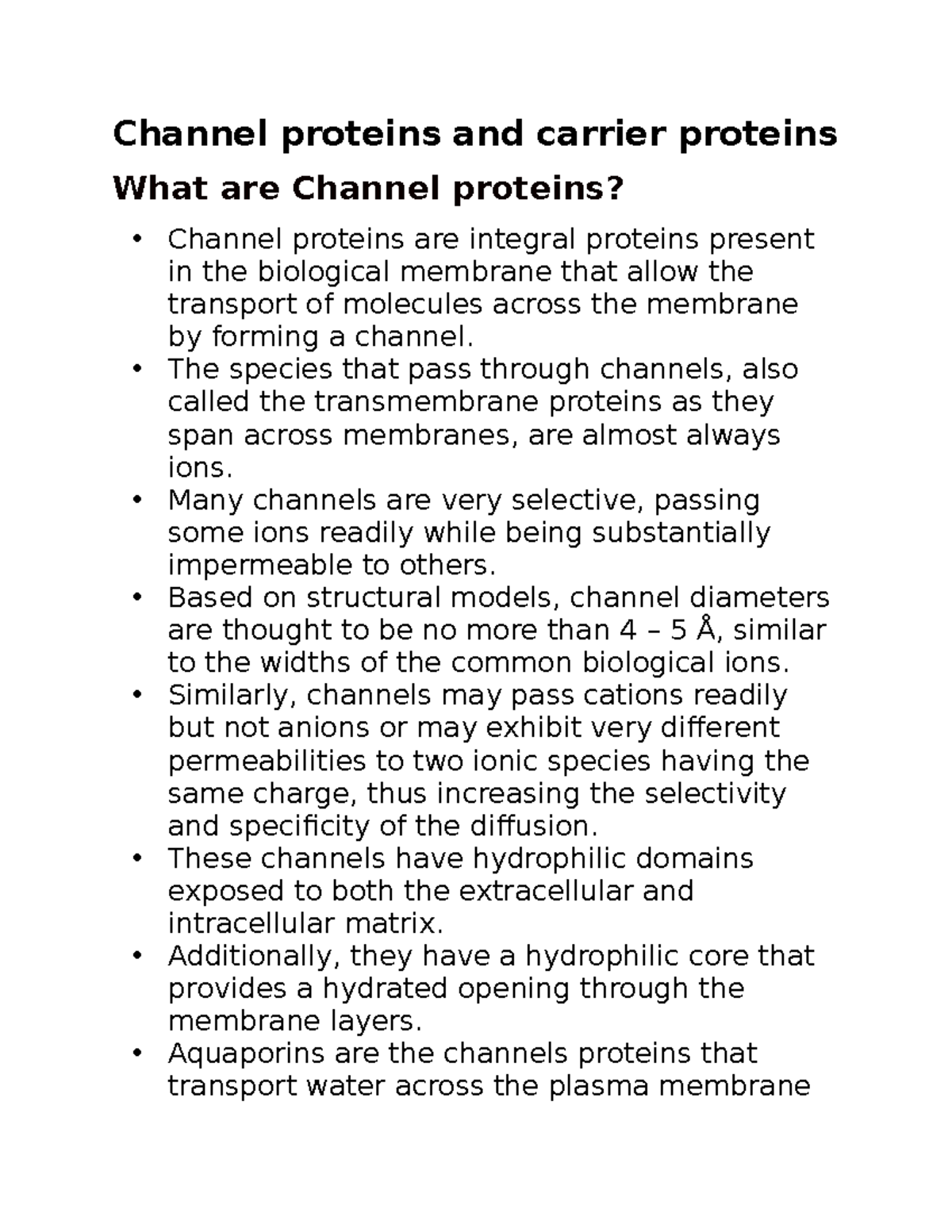 Bio 51 - Notes - Channel proteins and carrier proteins What are Channel ...