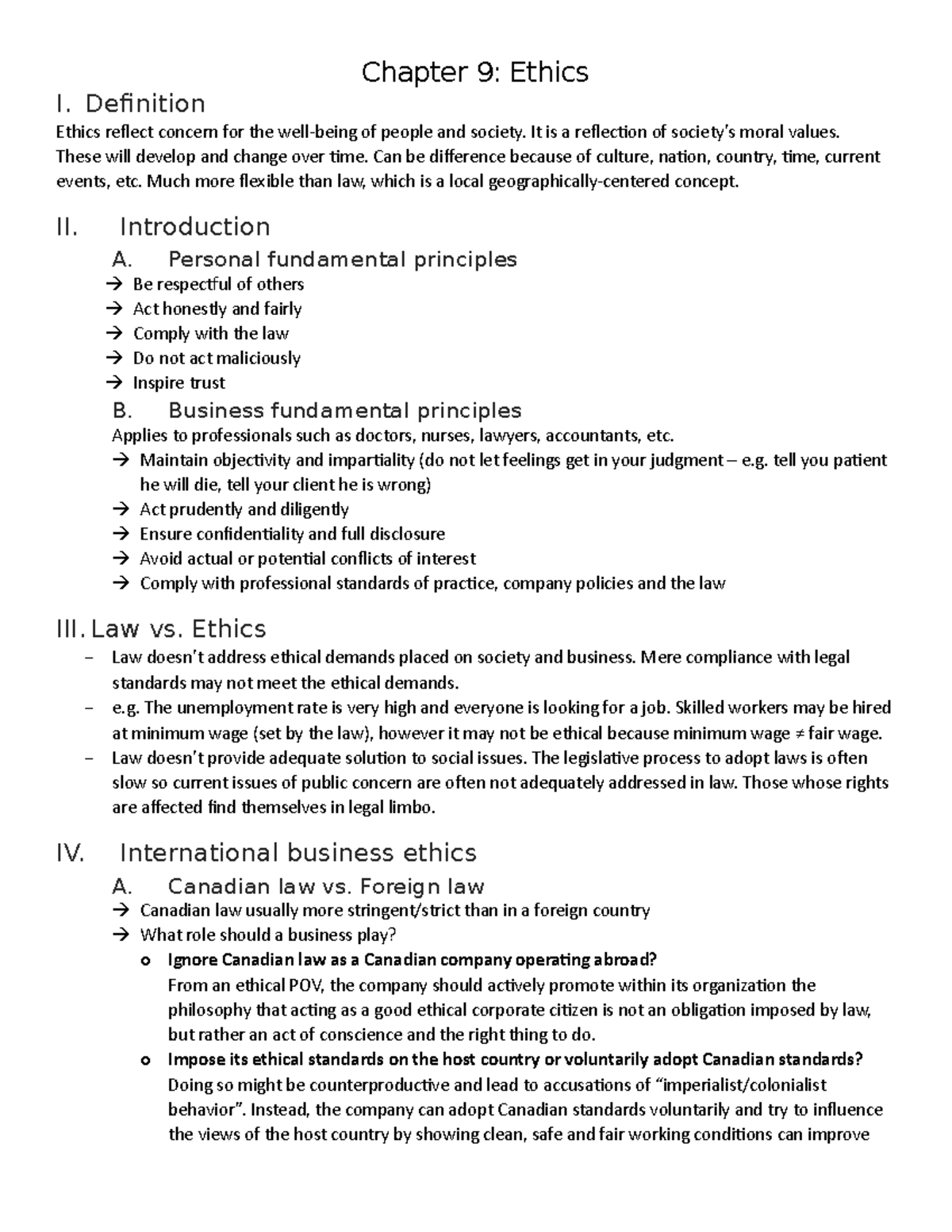 Notes Chapter 9 - Patrice Blais - Chapter 9: Ethics I. Definition ...