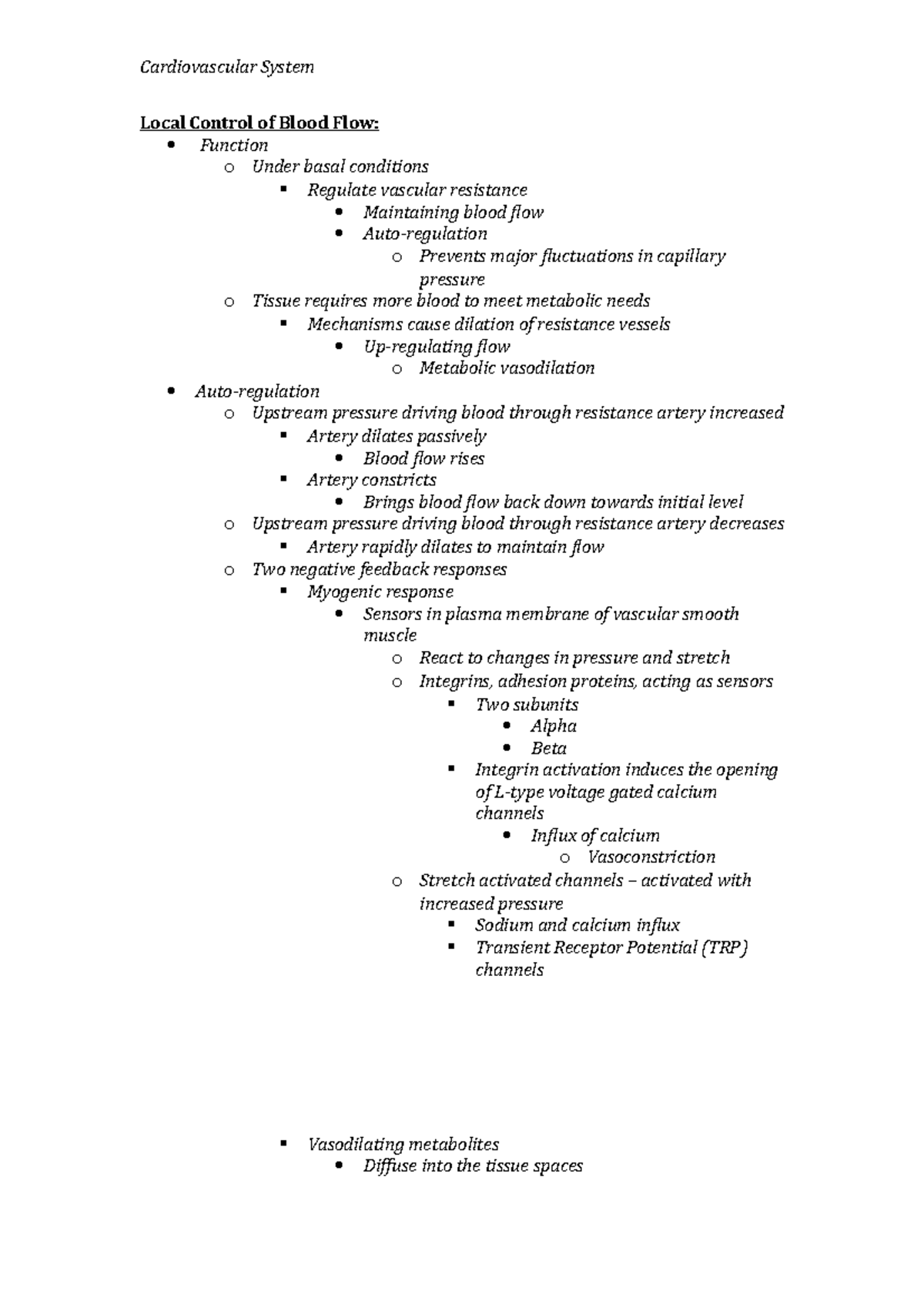 Local Control of Blood Flow Lecture Notes - Cardiovascular System Local ...