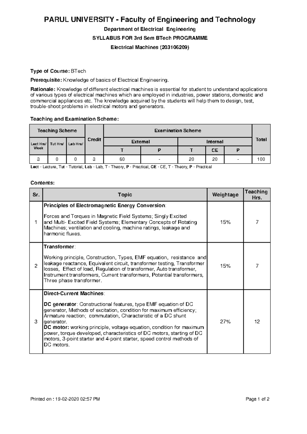 Parul University B.Tech. Mechatronics Engineering Sem 3 Syllabus - Type ...