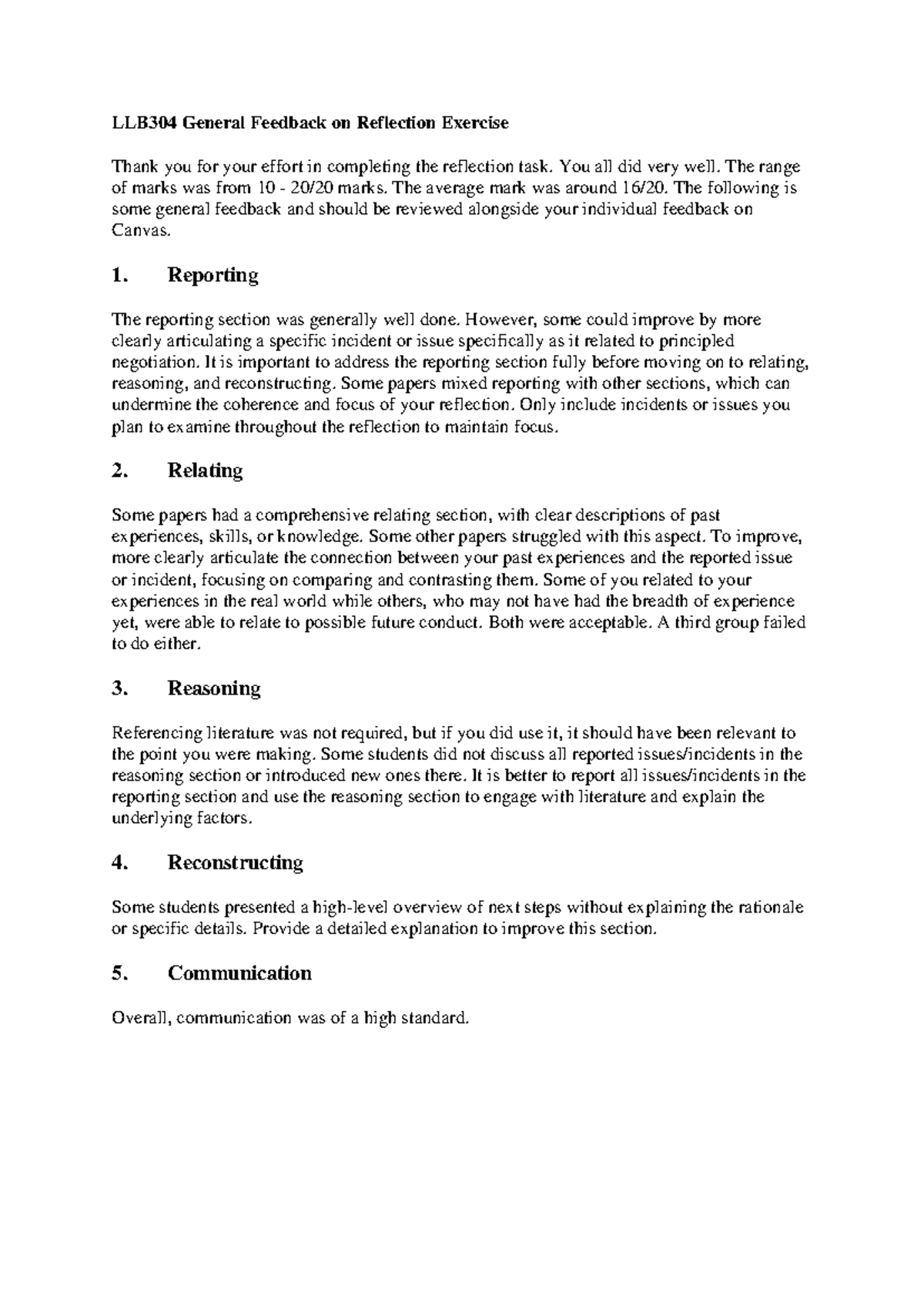 LLB304 General Feedback on Reflection Exercise - You all did very well ...